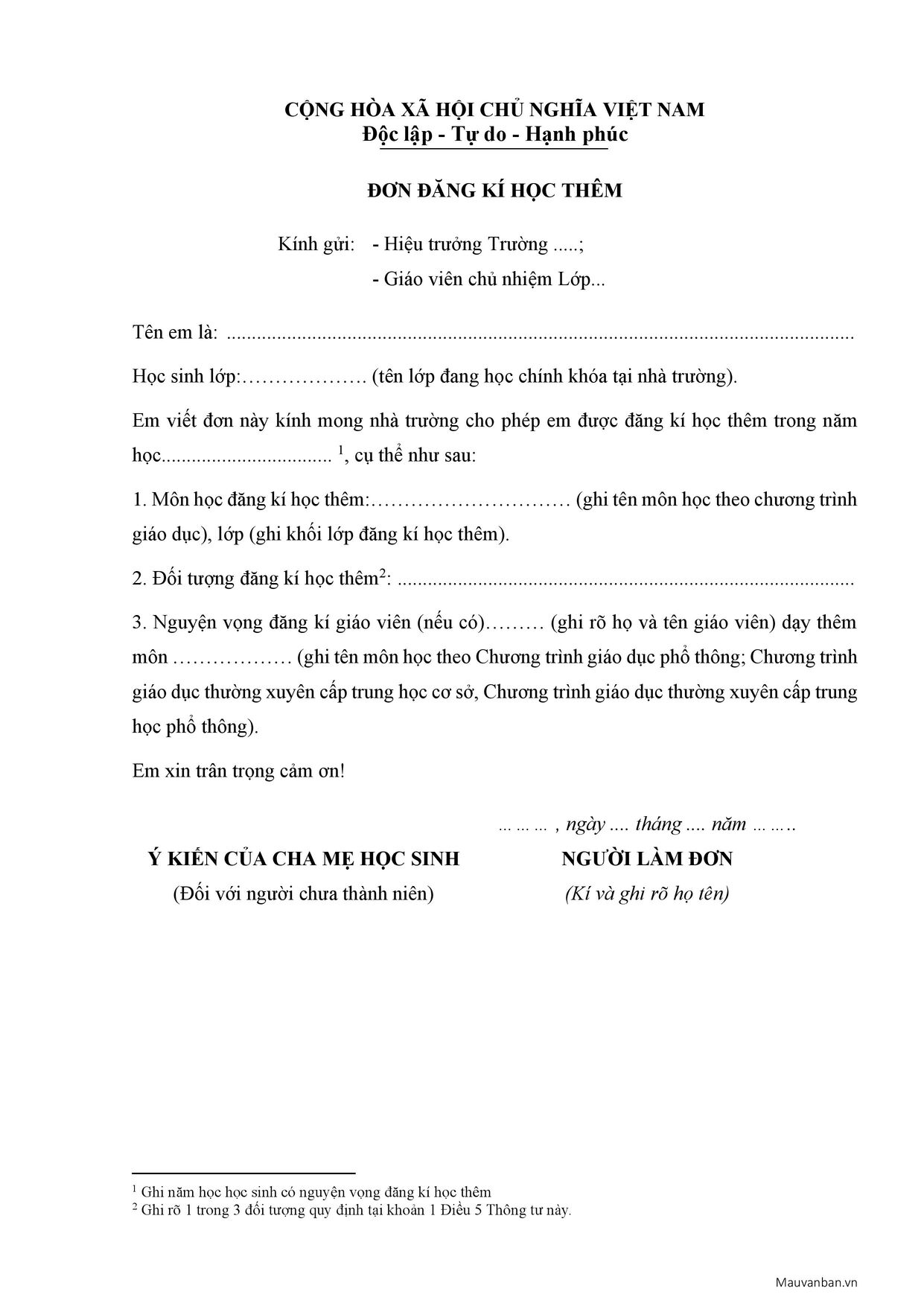 Đơn đăng ký học thêm - Giáo dục & Đào tạo - Mẫu Văn Bản