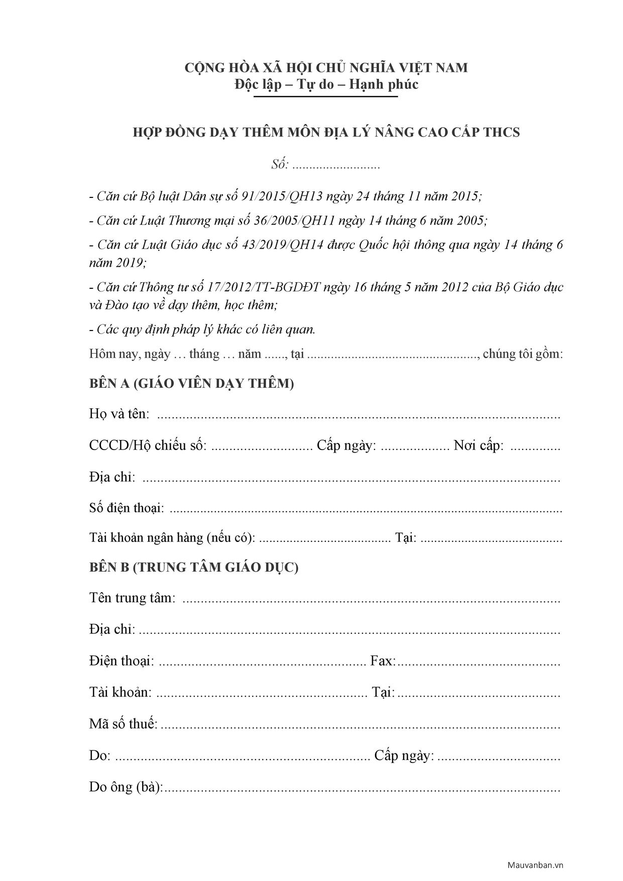 Hợp đồng dạy thêm môn Địa lý nâng cao cấp THCS - Giáo dục & Đào tạo ...