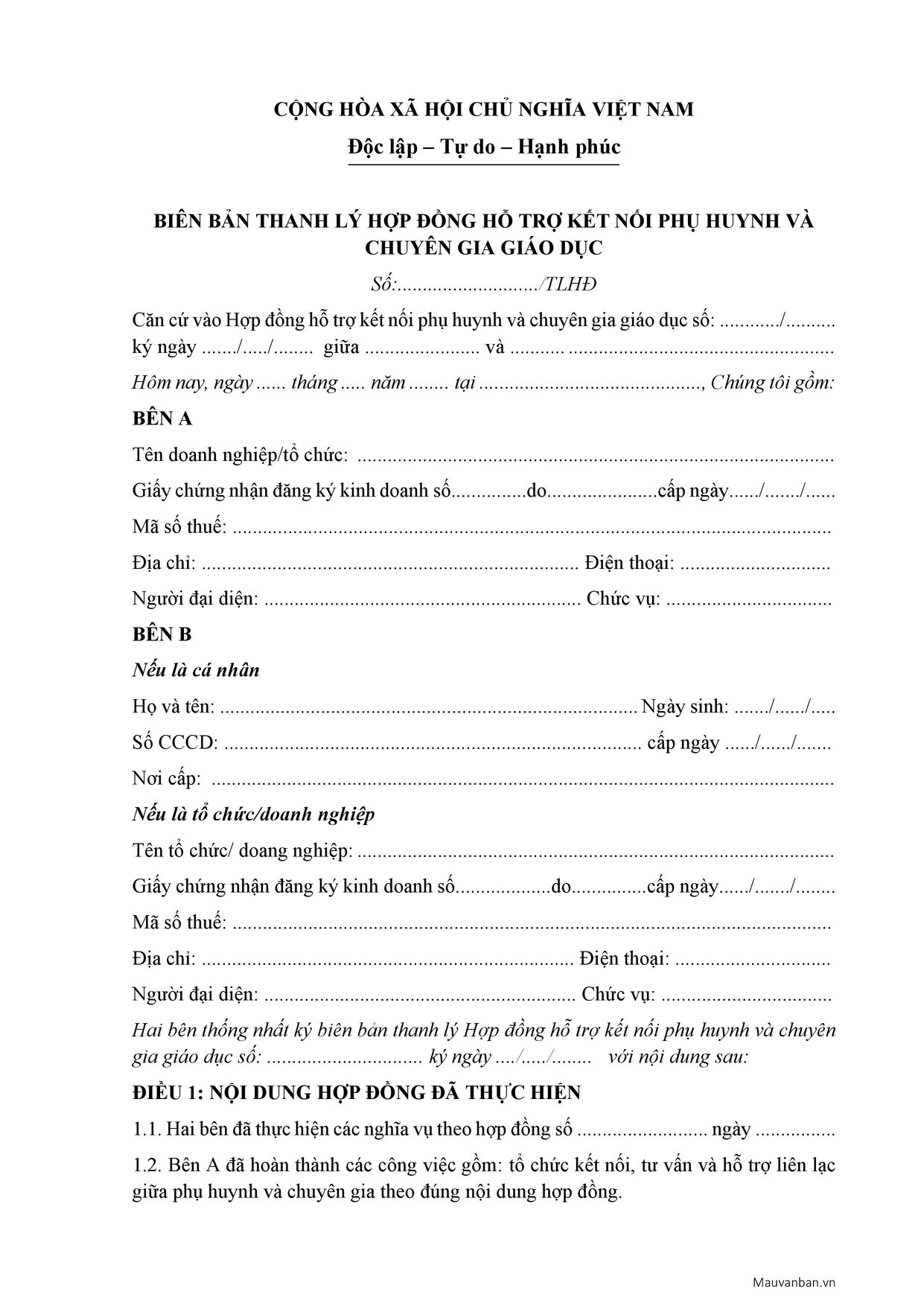Biên bản thanh lý hợp đồng hỗ trợ kết nối phụ huynh và chuyên gia giáo ...