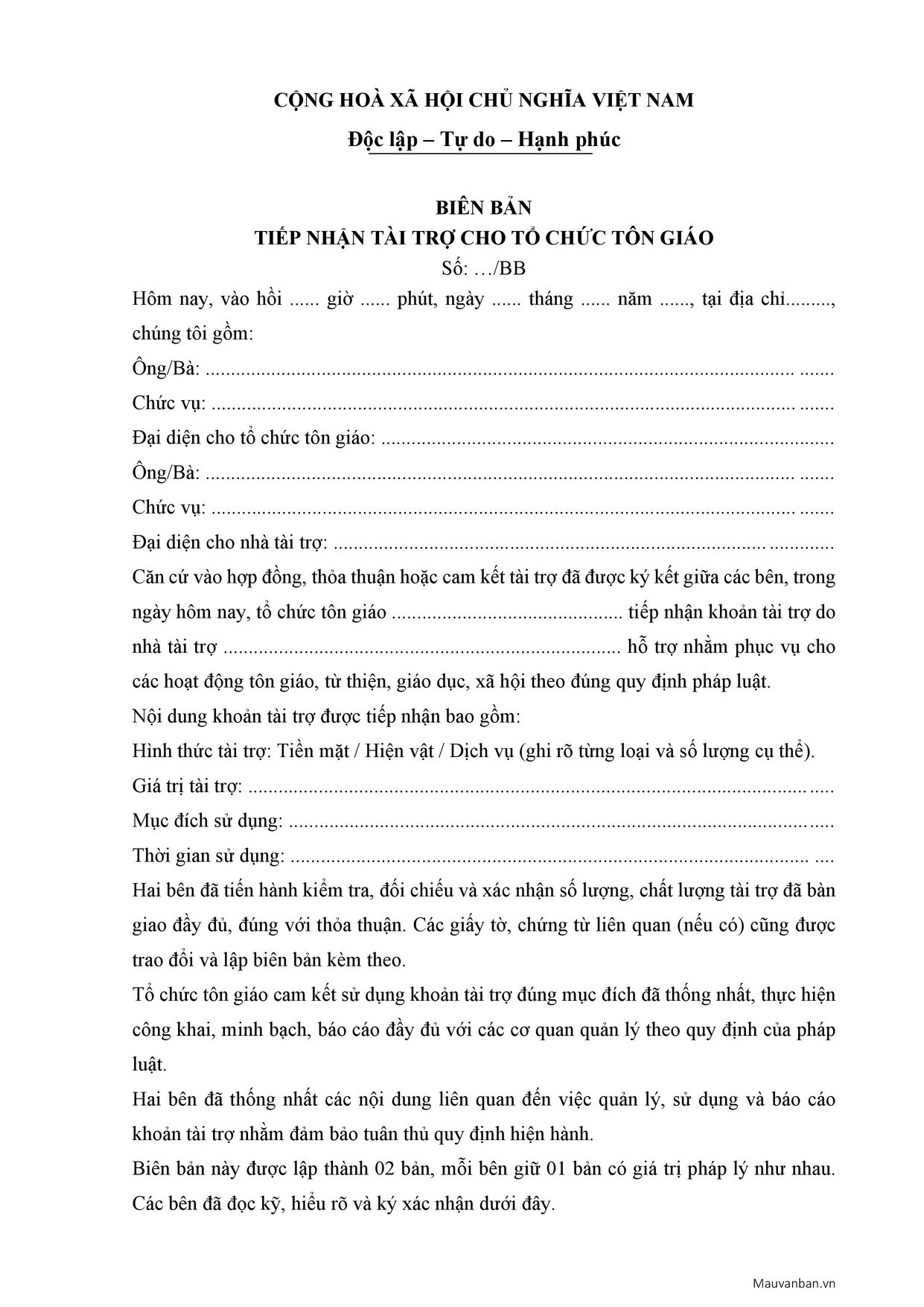 Biên bản tiếp nhận tài trợ cho tổ chức tôn giáo - Văn hoá & Tôn Giáo ...