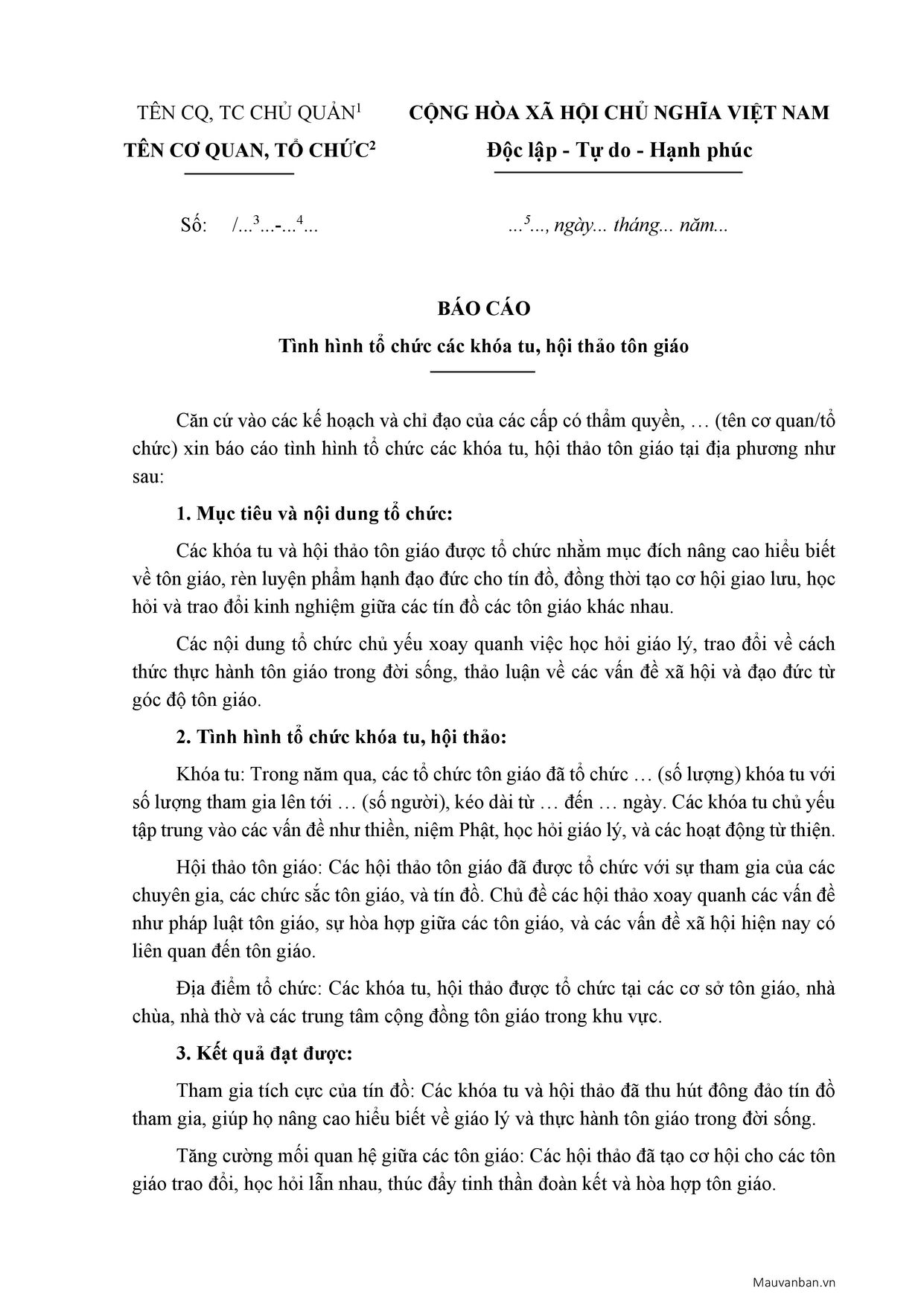 Báo cáo tình hình tổ chức các khóa tu, hội thảo tôn giáo - Văn hoá ...