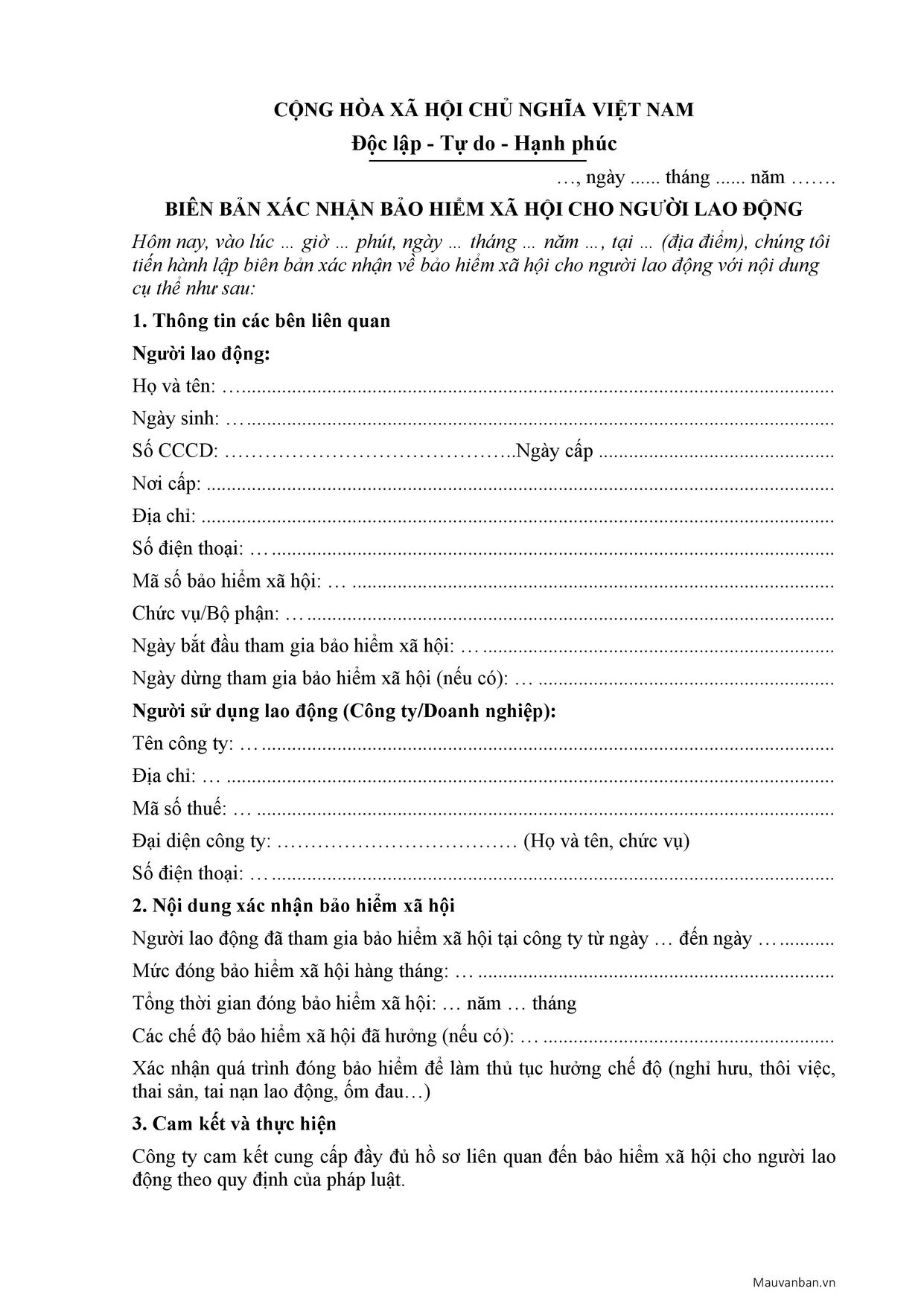Biên bản xác nhận bảo hiểm xã hội cho người lao động - Việc làm & Nhân sự - Mẫu Văn Bản