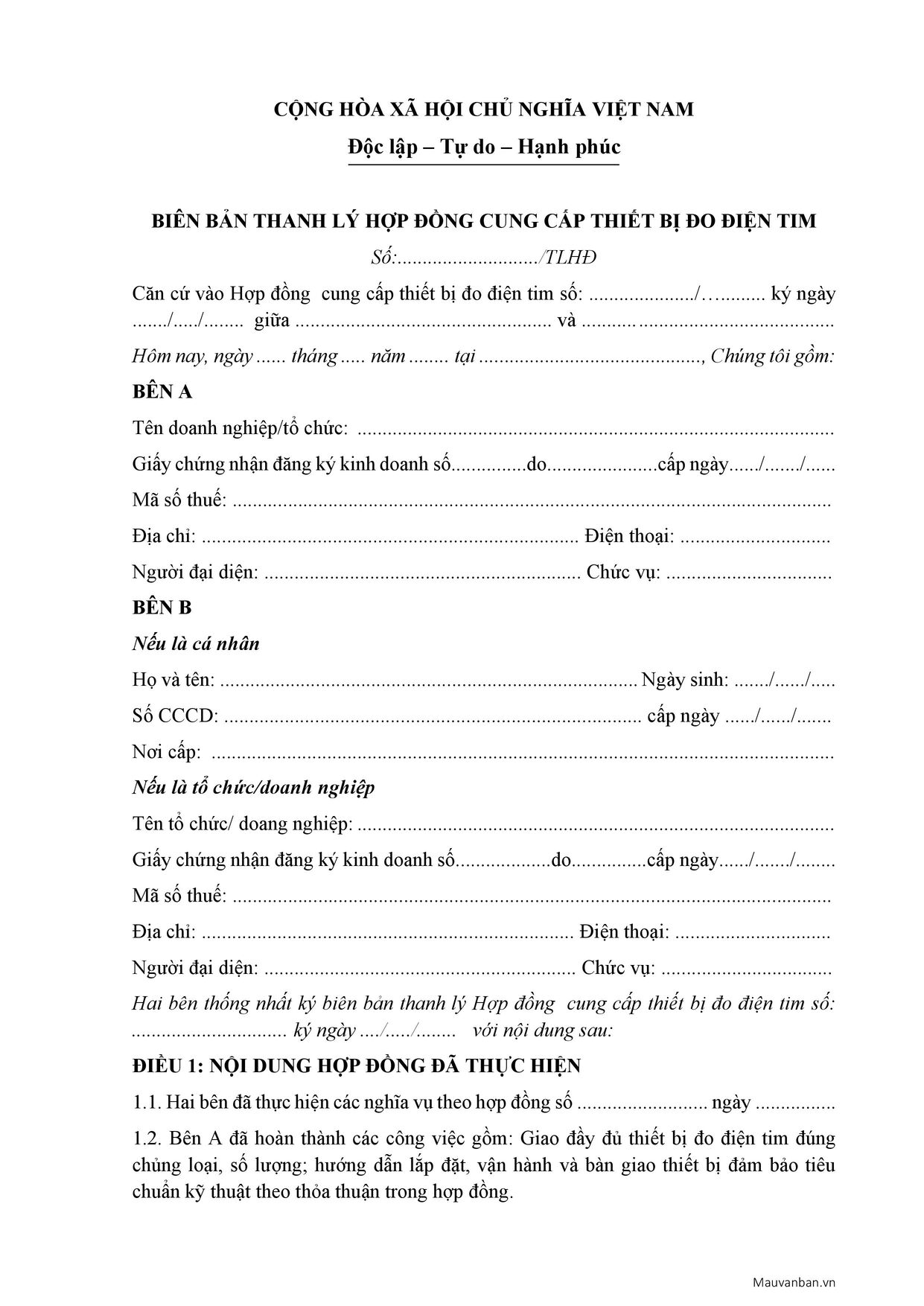 Biên bản thanh lý hợp đồng cung cấp thiết bị đo điện tim - Y tế & Sức ...