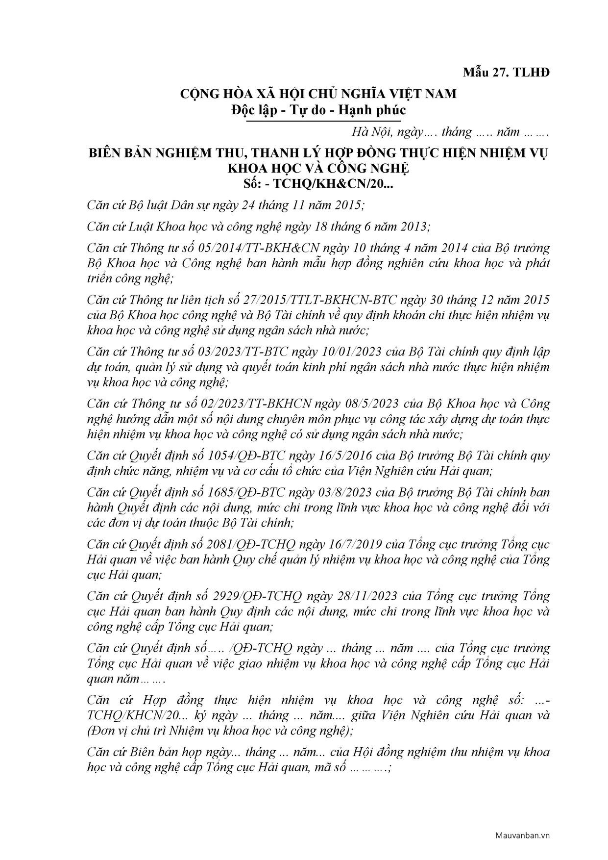 Biên bản nghiệm thu, thanh lý hợp đồng thực hiện nhiệm vụ khoa học và công nghệ - Thuế & Hải ...