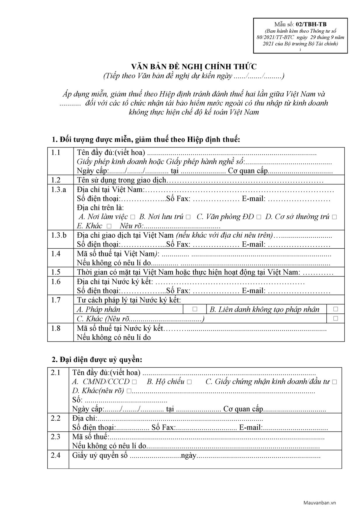 Mẫu đề nghị chính thức miễn giảm thuế theo hiệp định tránh đánh thuế hai lần - Thuế & Hải quan ...