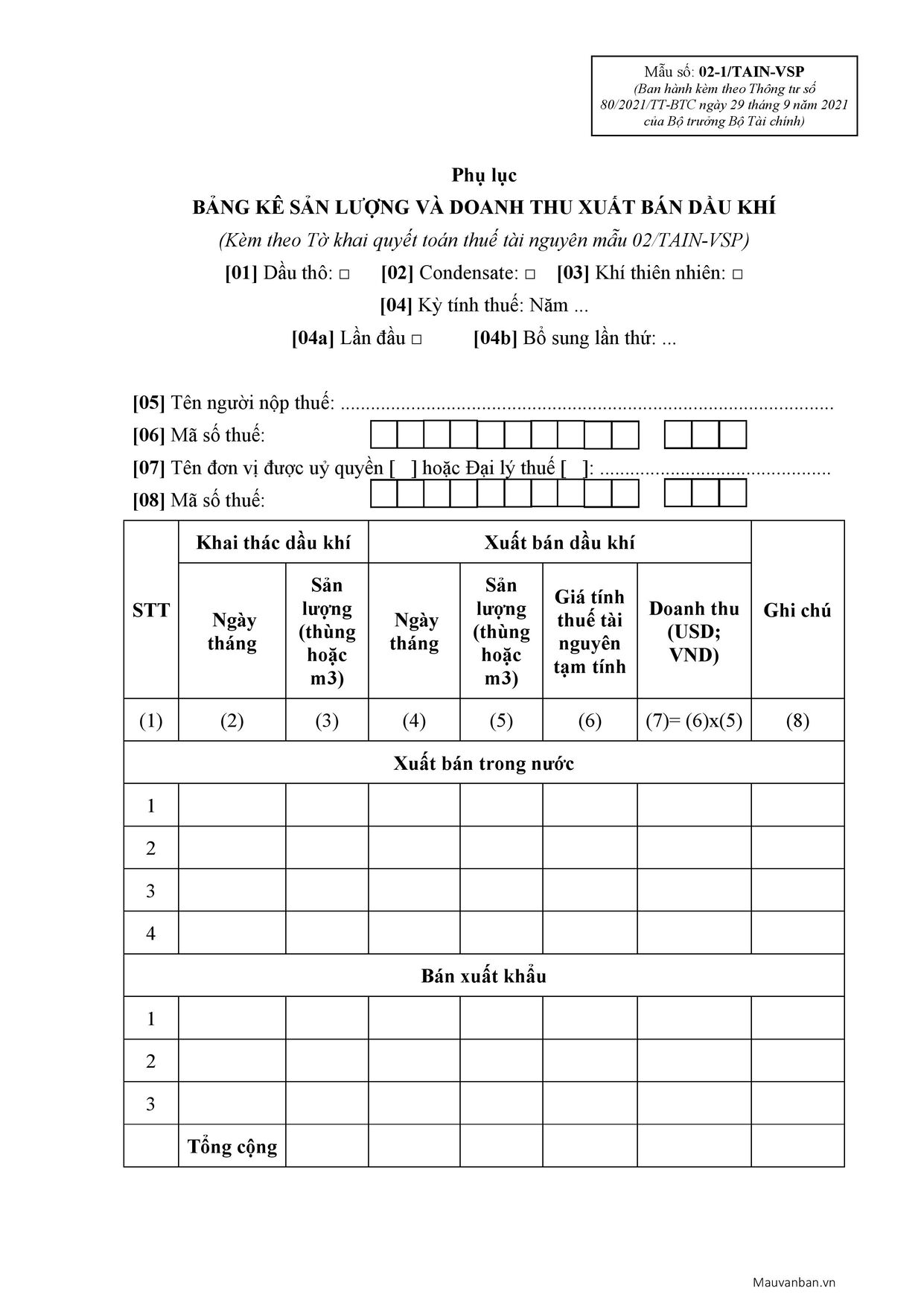 Mẫu số 02-1/TAIN-VSP - Thương mại & Bán lẻ - Mẫu Văn Bản