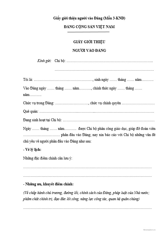 Giấy giới thiệu đoàn viên ưu tú vào Đảng - Công chức & Chính quyền - Mẫu Văn Bản