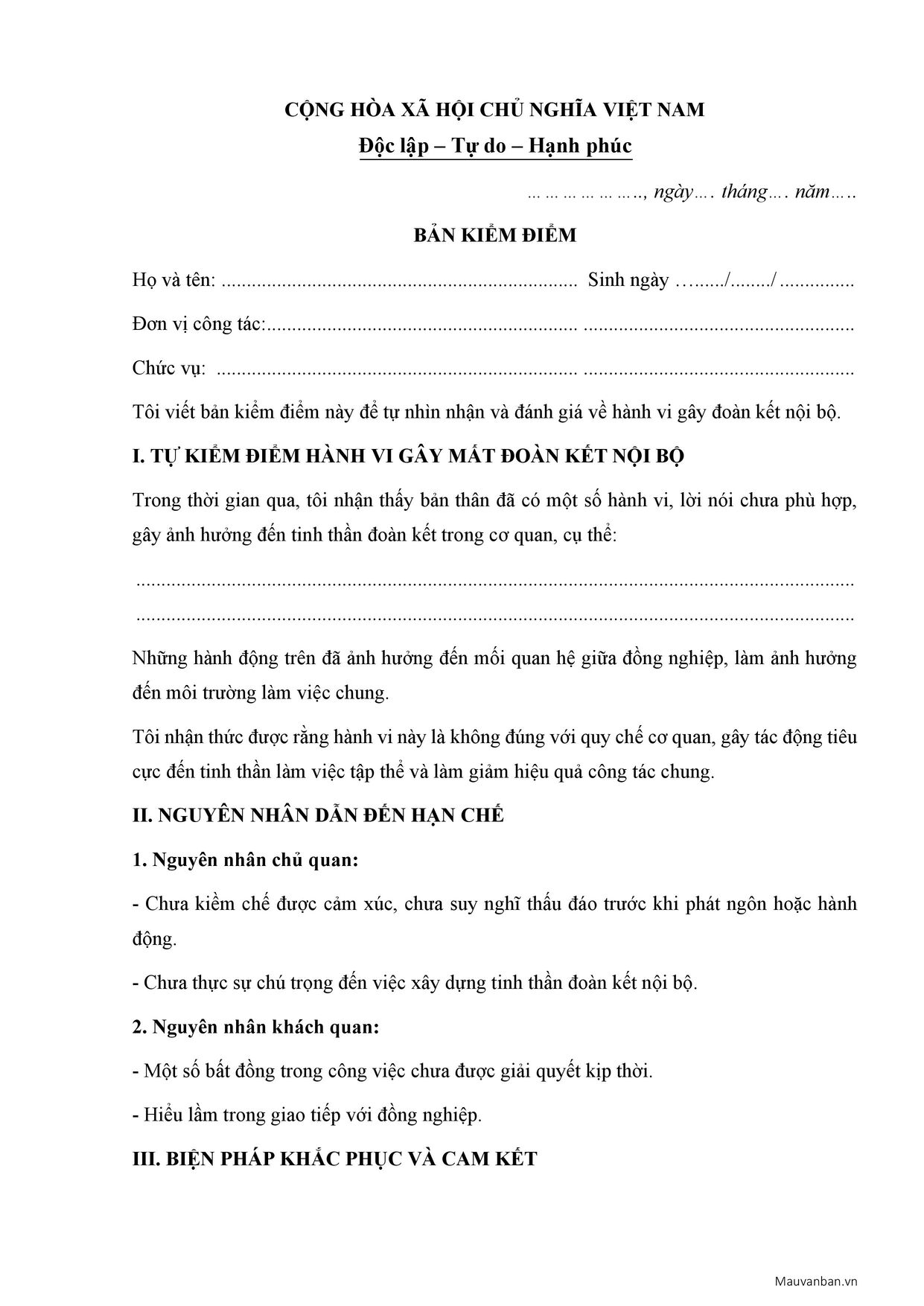 Bản tự kiểm điểm về hành vi gây mất đoàn kết nội bộ - Công chức & Chính ...