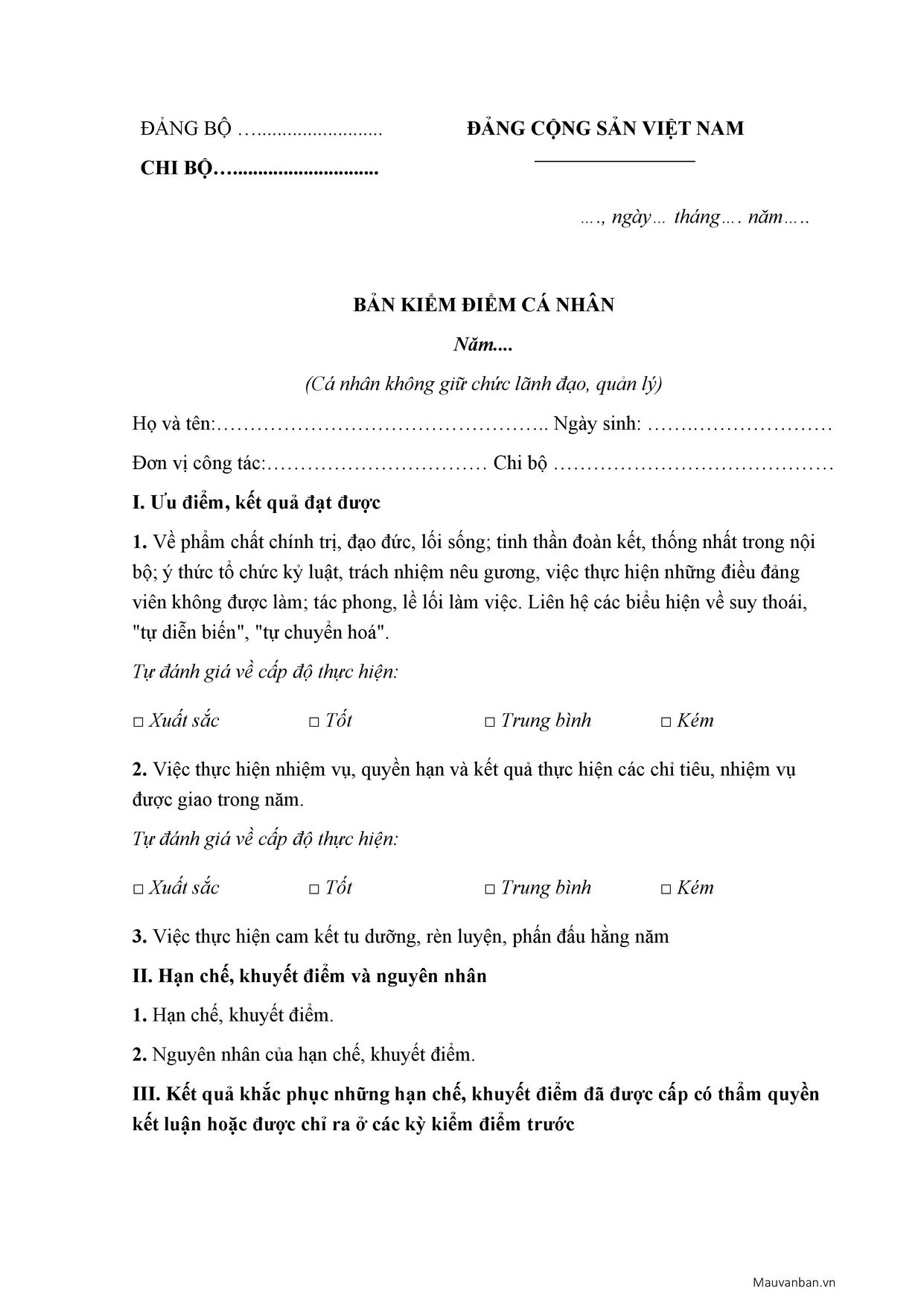 Bản tự phê bình và kiểm điểm Đảng viên - Công chức & Chính quyền - Mẫu ...