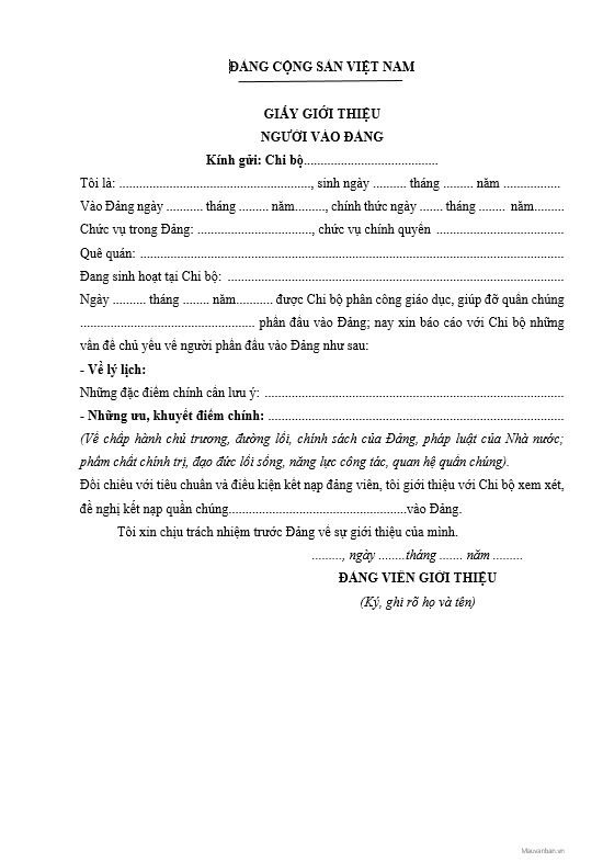 Mẫu Giấy giới thiệu người vào đảng - Công chức & Chính quyền - Mẫu Văn Bản