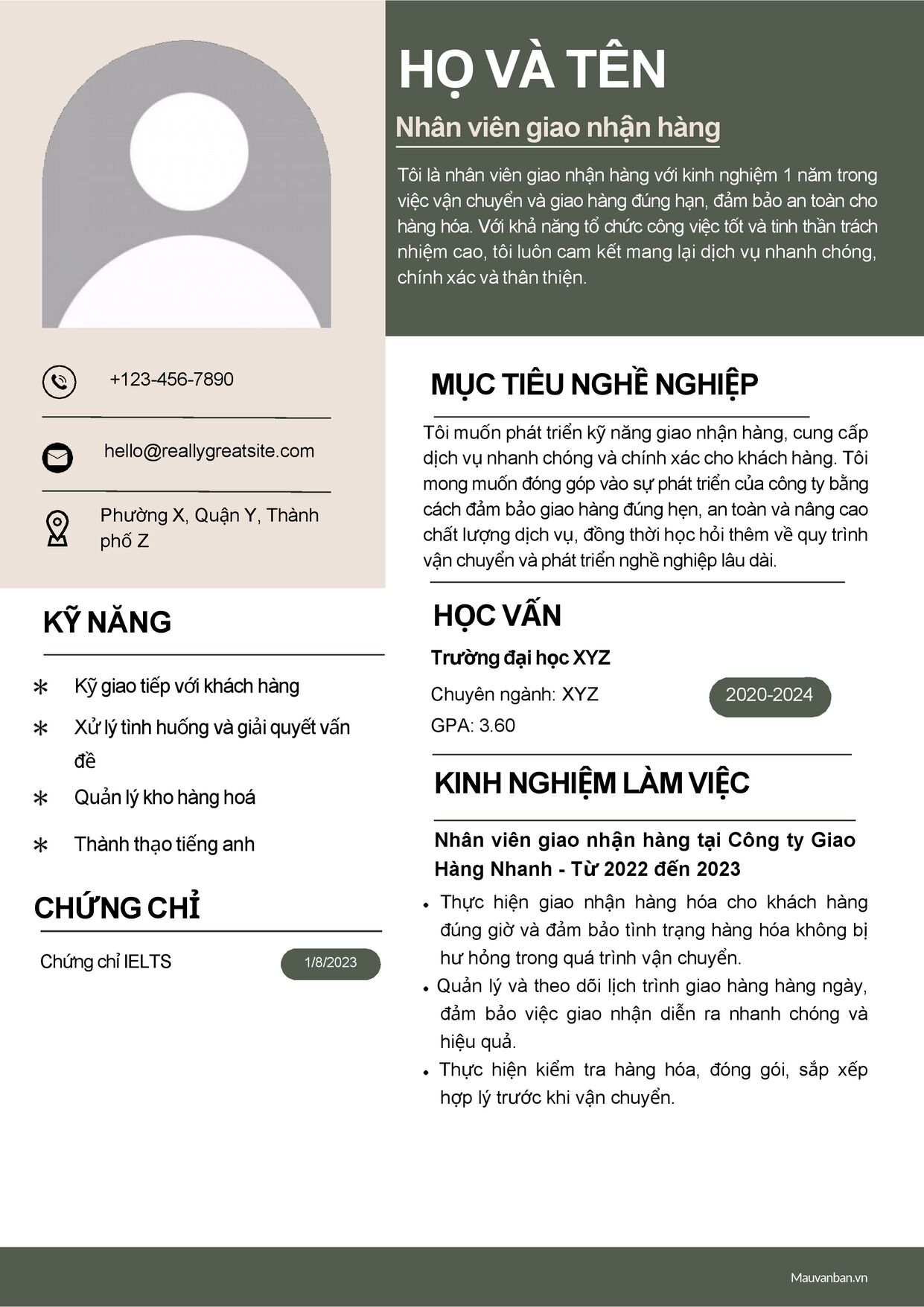 Mẫu CV nhân viên giao nhận hàng hóa - CV Xin việc - Mẫu Văn Bản