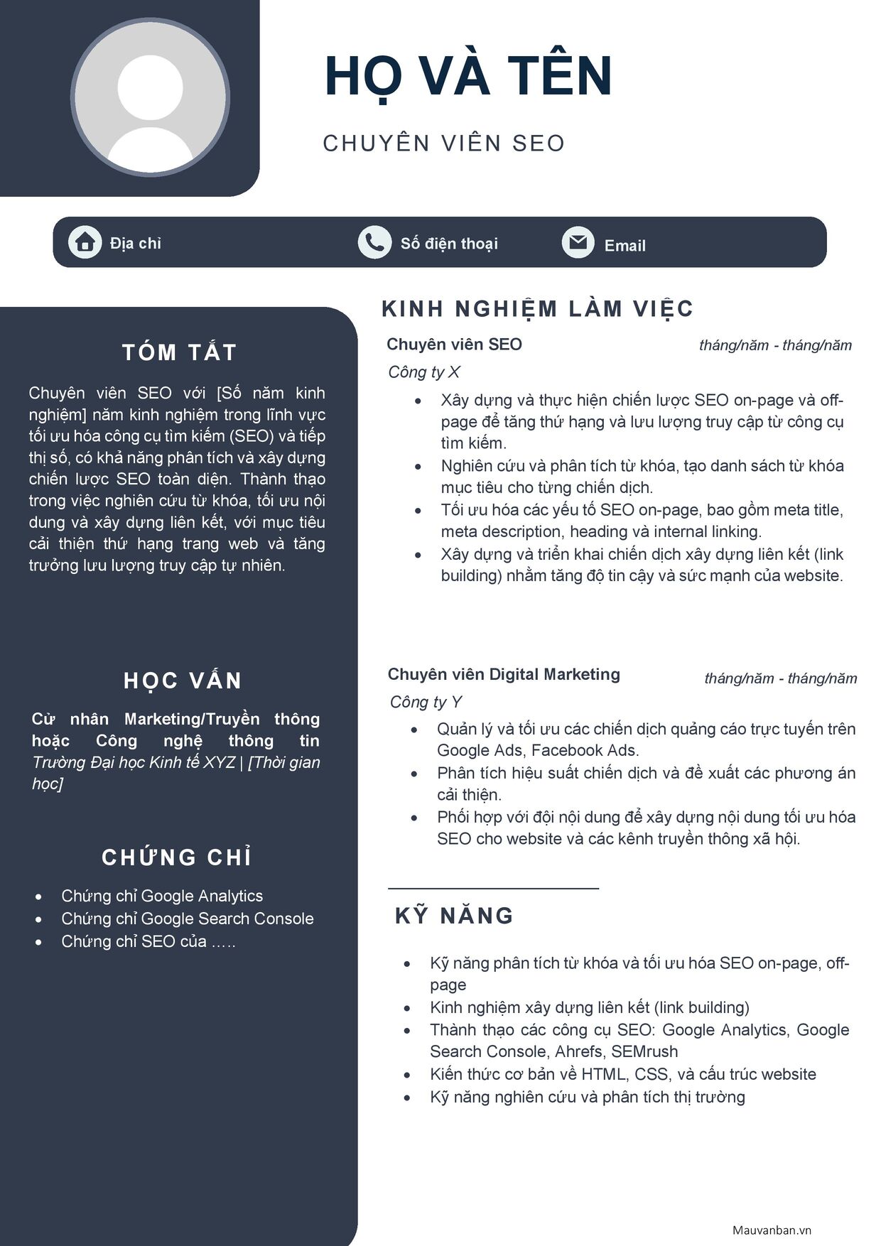 Mẫu CV chuyên viên SEO - CV Xin việc - Mẫu Văn Bản