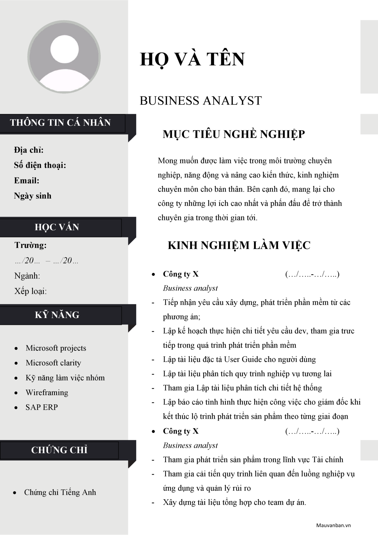 Cv business analyst intern - CV Xin việc - Mẫu Văn Bản