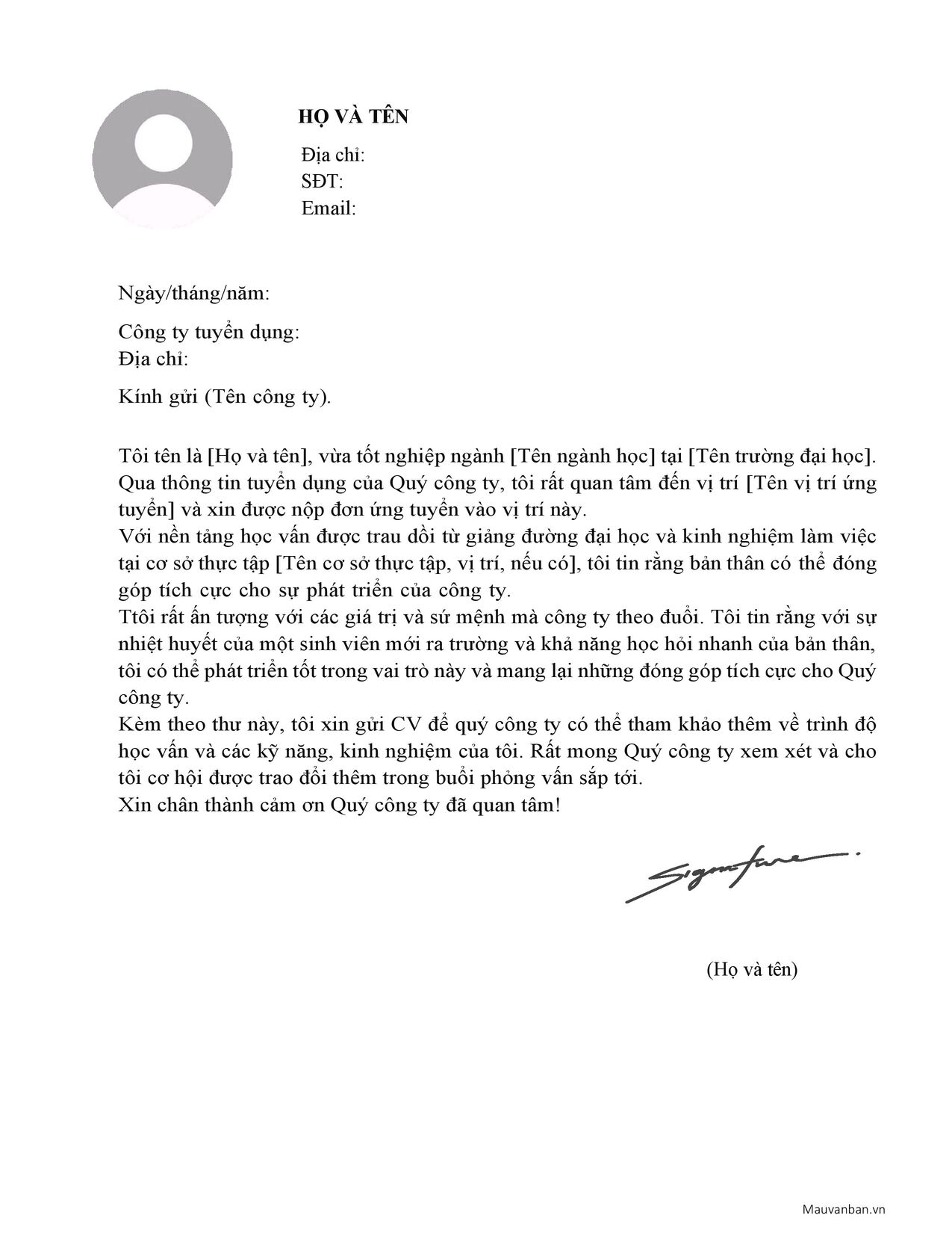 Mẫu thư xin việc cho sinh viên mới ra trường - CV Xin việc - Mẫu Văn Bản