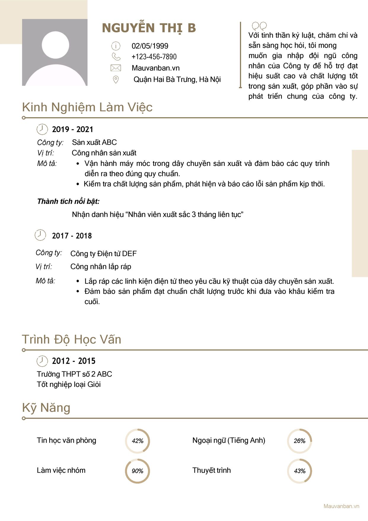 Mẫu CV xin việc công nhân - CV Xin việc - Mẫu Văn Bản