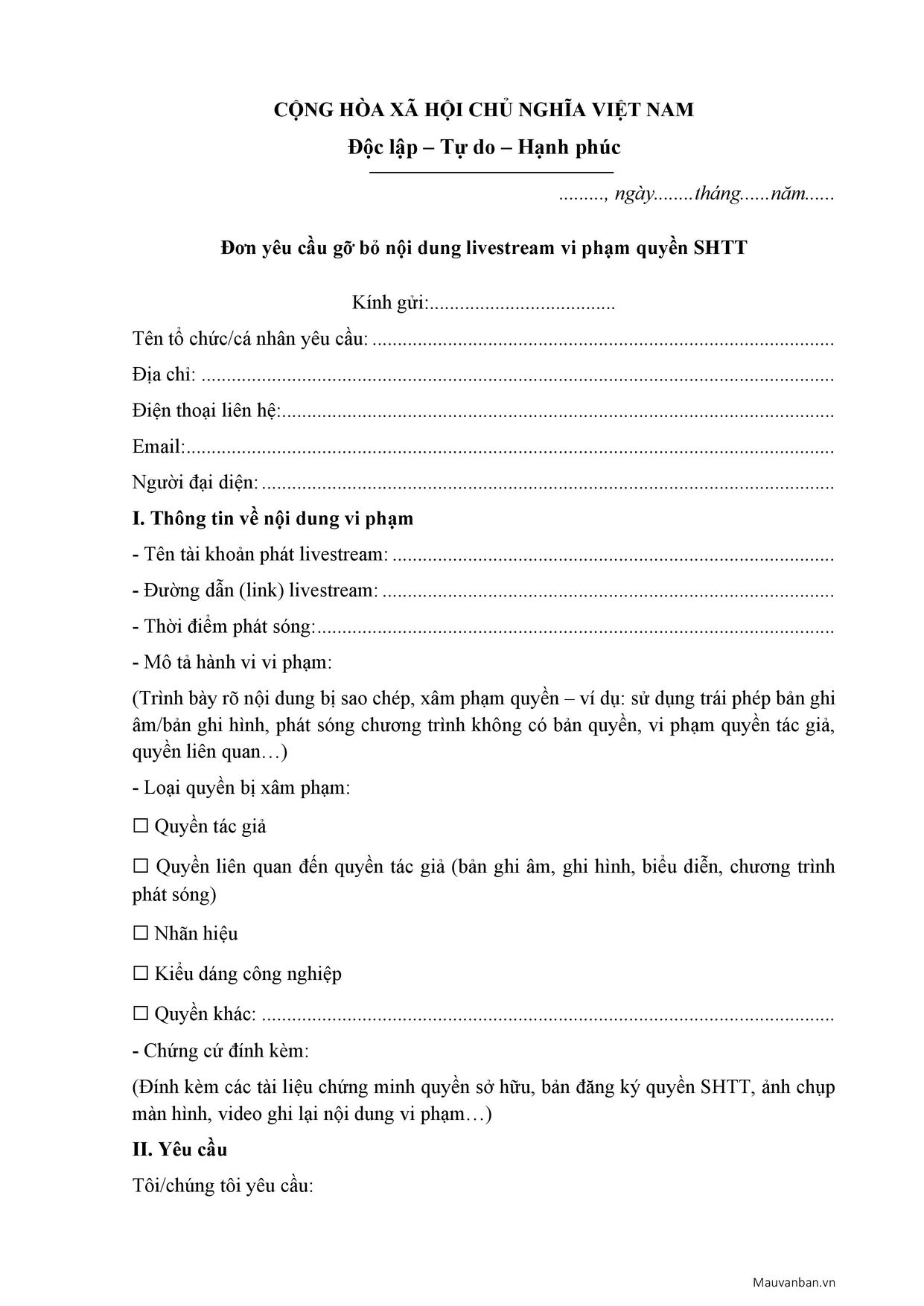 Đơn yêu cầu gỡ bỏ nội dung livestream vi phạm quyền SHTT - Sở hữu trí ...