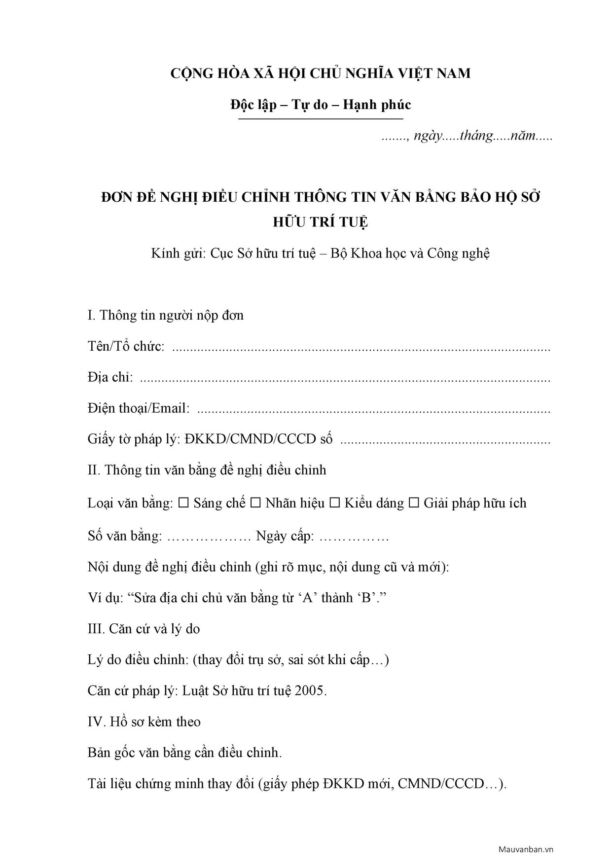 Đơn đề nghị điều chỉnh thông tin văn bằng bảo hộ SHTT - Sở hữu trí tuệ ...