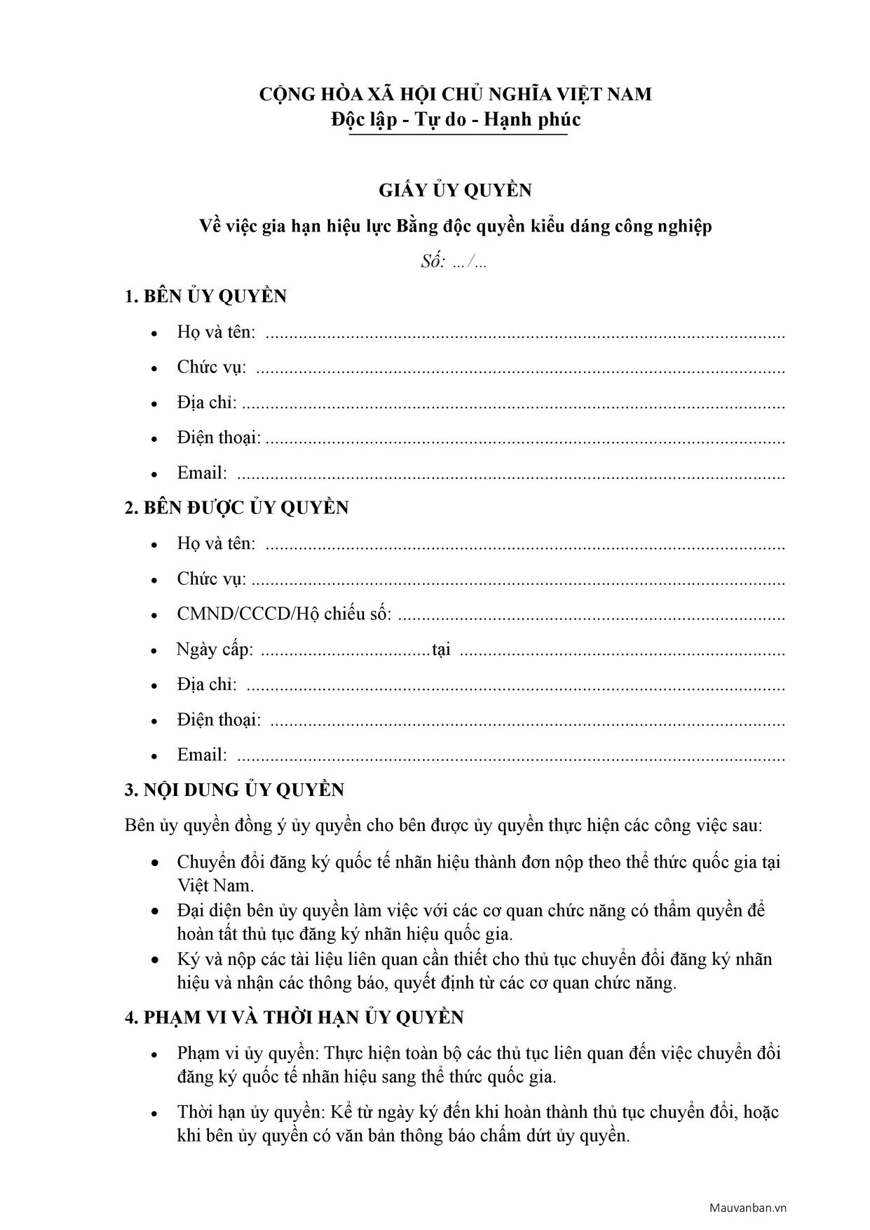 Giấy ủy quyền về việc chuyển đổi đăng ký quốc tế nhãn hiệu thành đơn nộp theo thể thức quốc gia ...