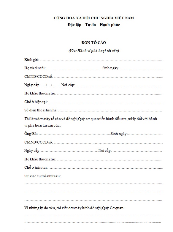 Mẫu đơn tố cáo tội phá hoại tài sản - Khiếu nại & Tố cáo - Mẫu Văn Bản