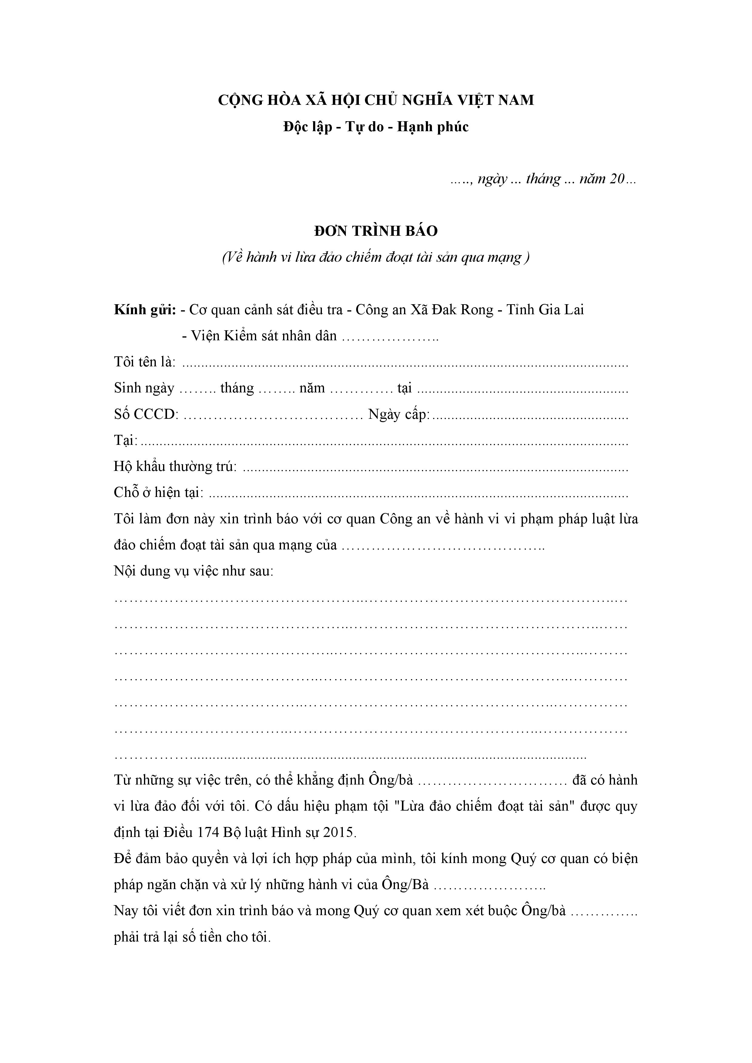 Mẫu đơn tố cáo lừa đảo qua mạng - Công an Xã Đak Rong - Tỉnh Gia Lai ...