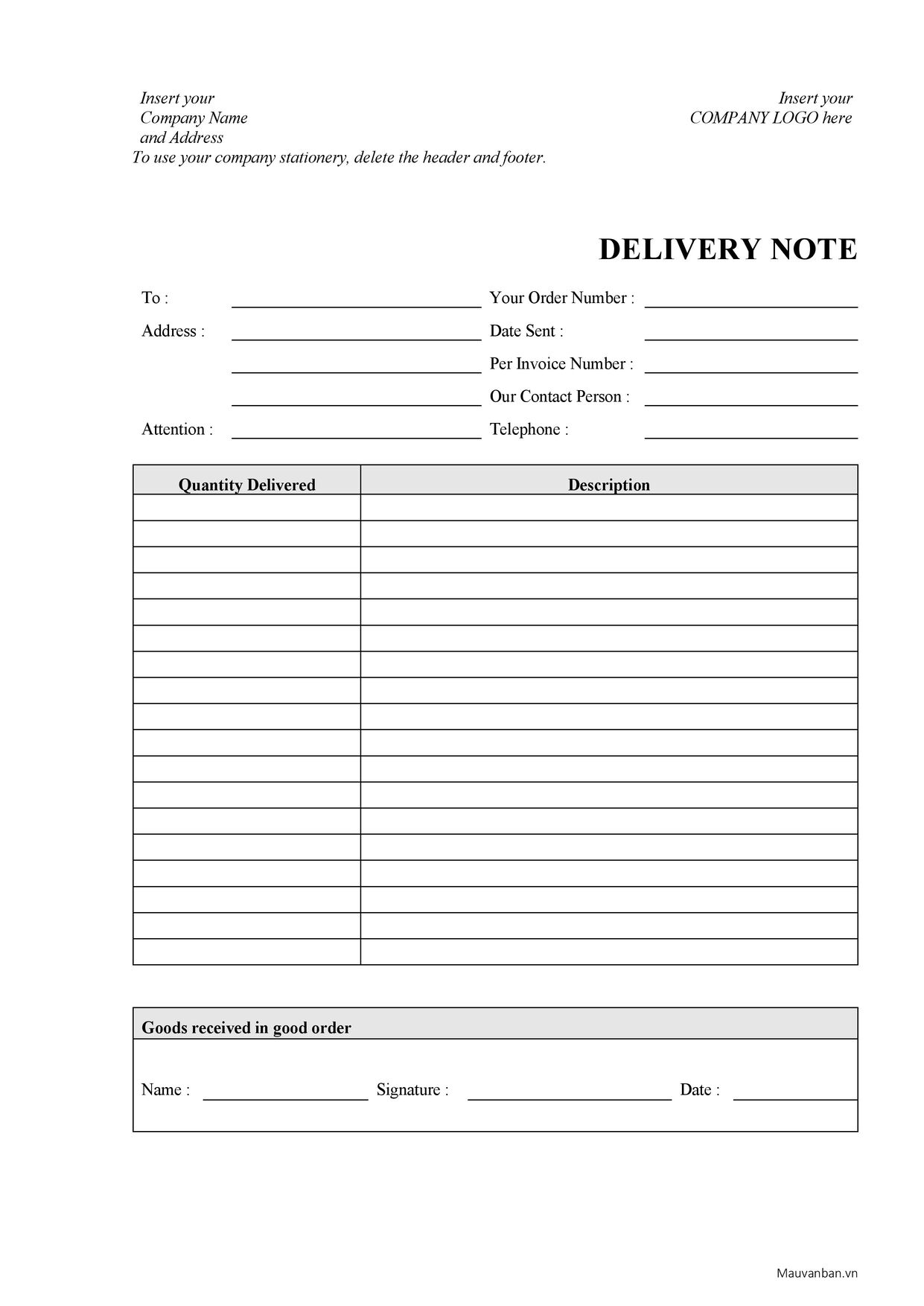 Delivery order form - Giao thông & Vận tải - Mẫu Văn Bản