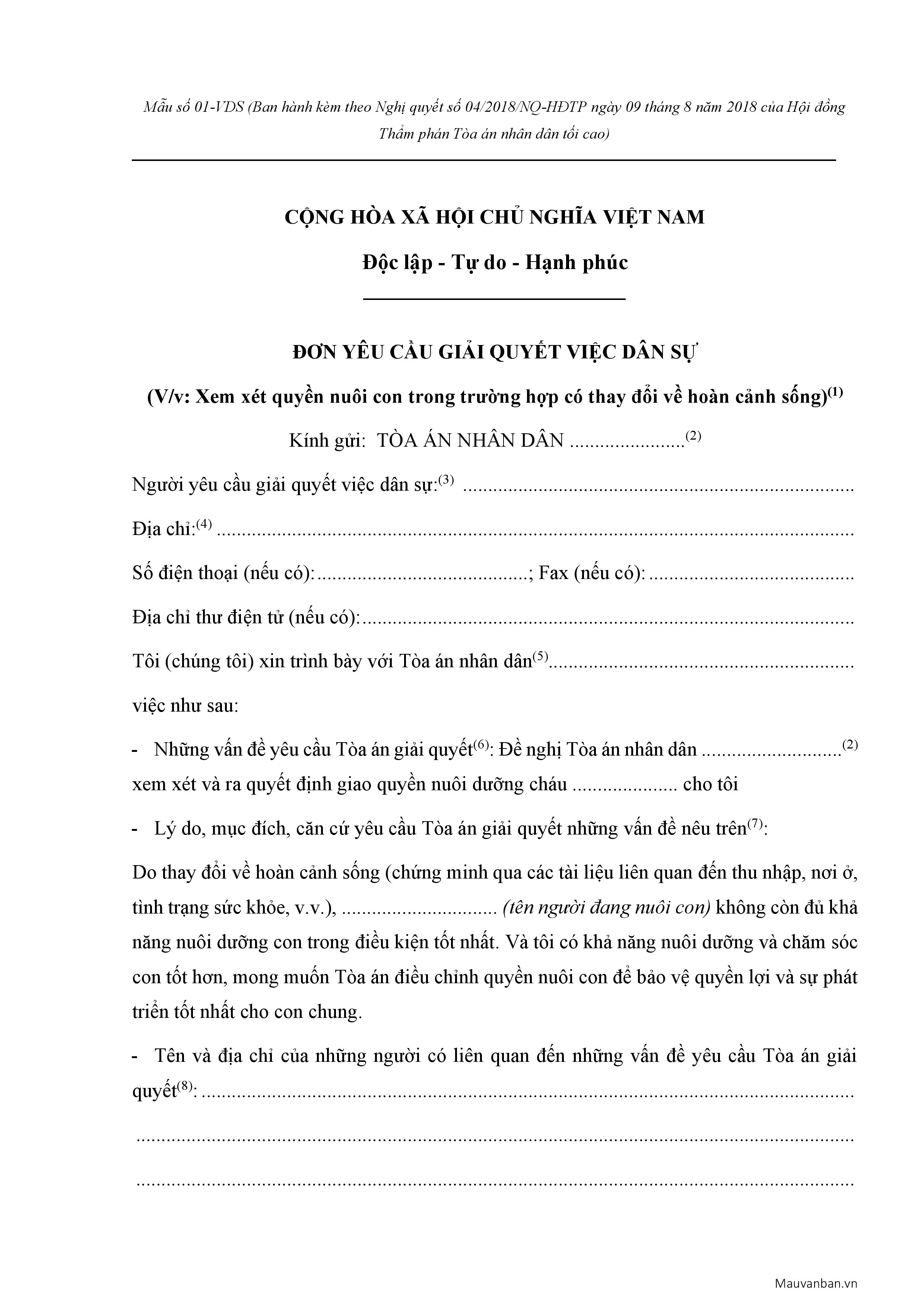 Đơn yêu cầu điều chỉnh quyền nuôi con trong trường hợp có thay đổi về ...