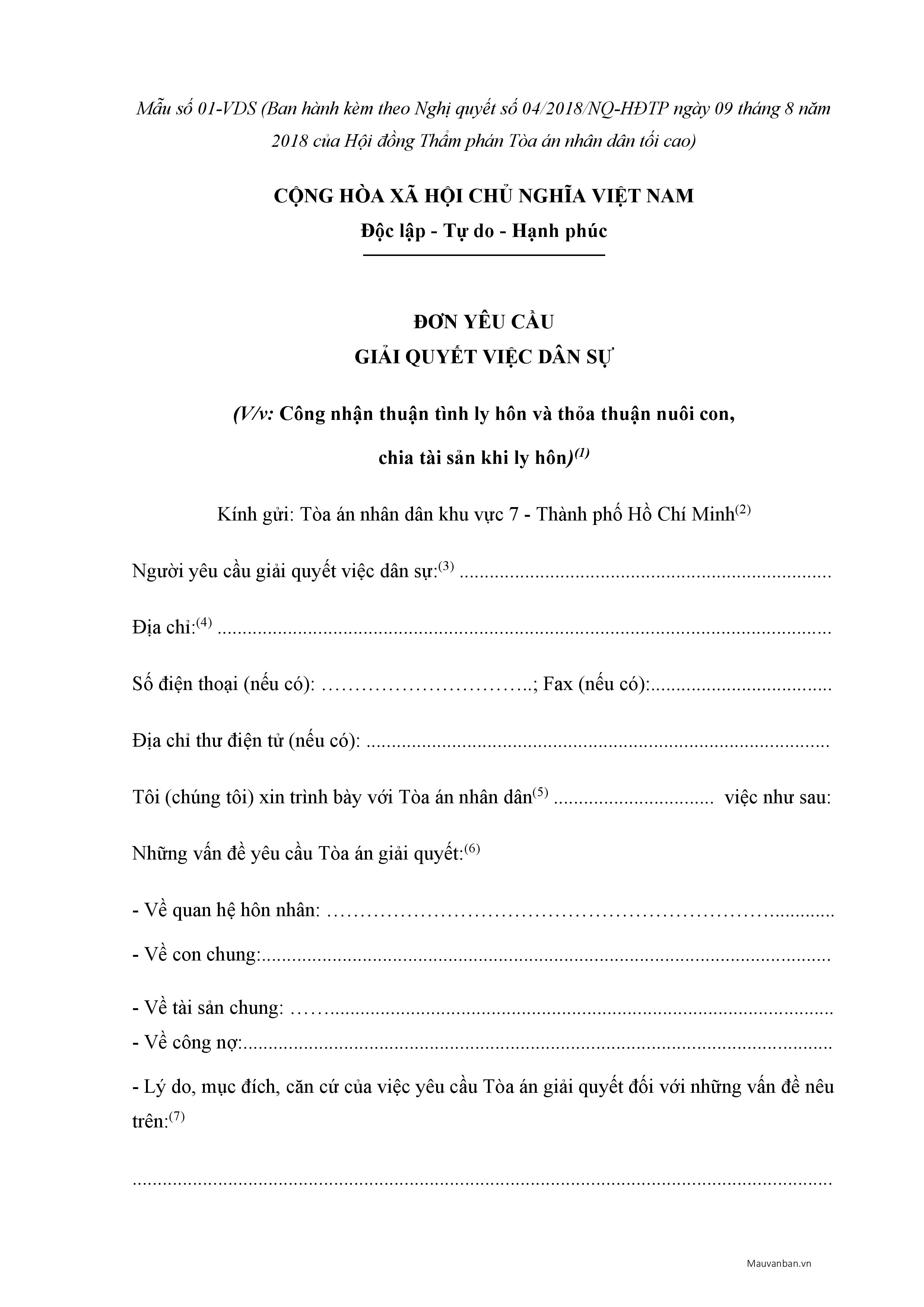 Mẫu đơn ly hôn thuận tình - Tòa án nhân dân khu vực 7 - Thành phố Hồ ...