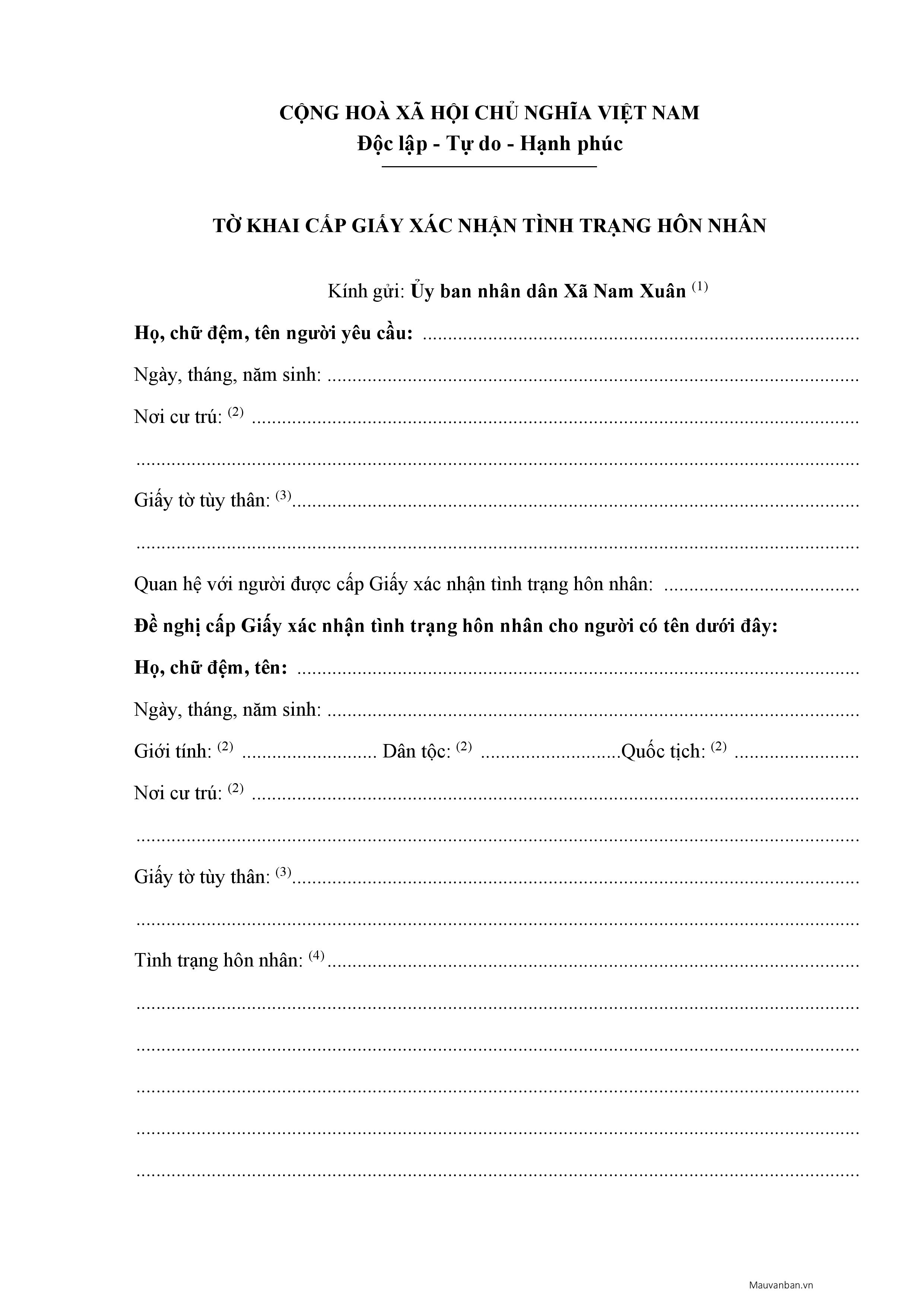 Mẫu tờ khai xác nhận tình trạng hôn nhân - Ủy ban nhân dân Xã Nam Xuân - Hôn nhân & Gia đình ...