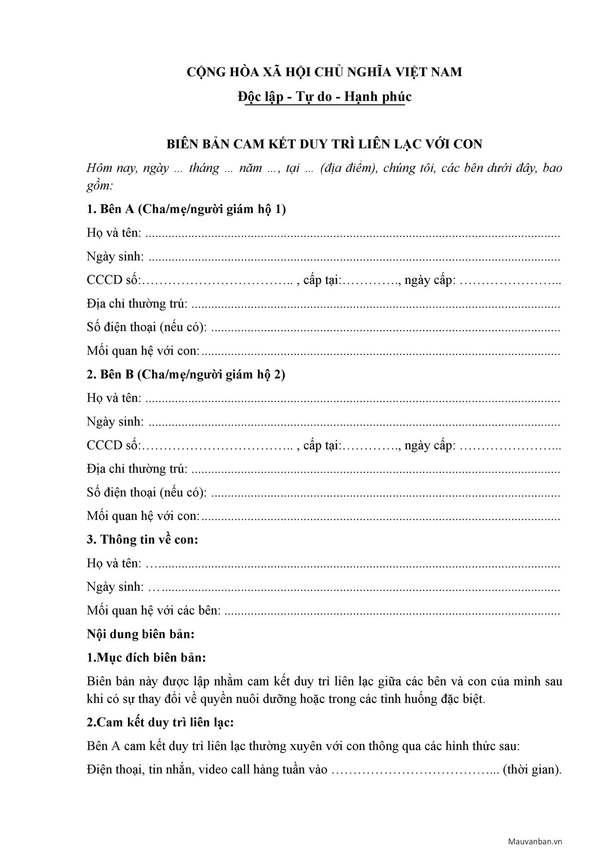 Biên bản cam kết duy trì liên lạc với con - Hôn nhân & Gia đình - Mẫu ...