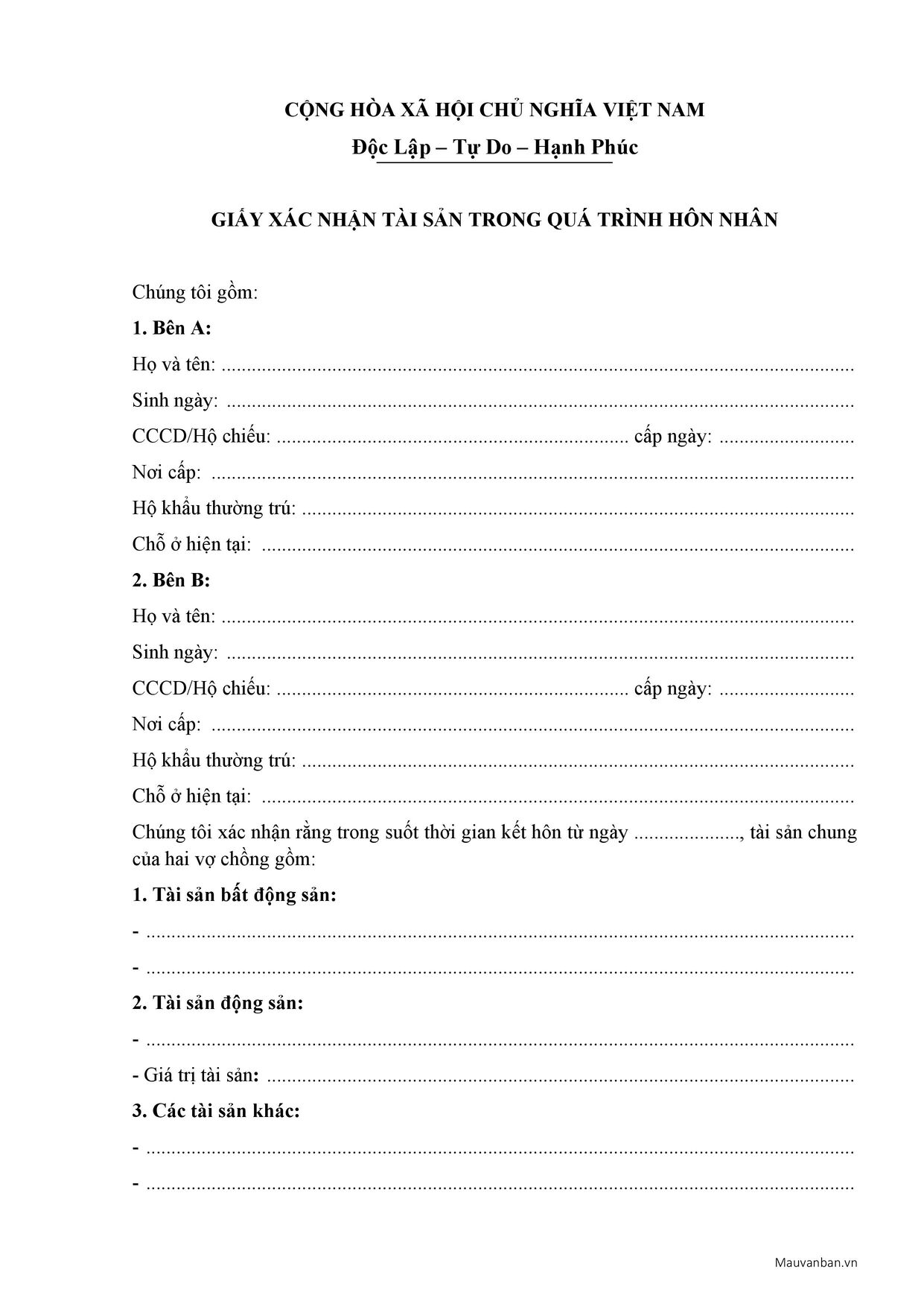 Mẫu giấy xác nhận tài sản trong quá trình hôn nhân - Hôn nhân & Gia ...