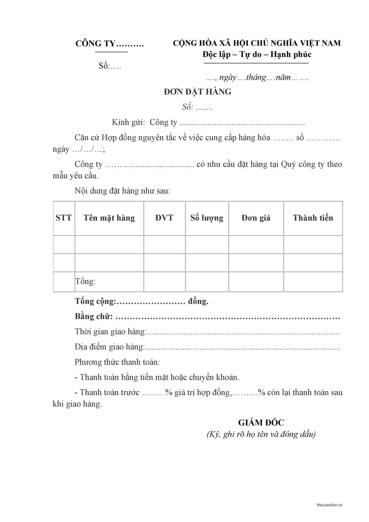 Mẫu đơn đặt hàng theo hợp đồng nguyên tắc - Đầu tư & Kinh doanh - Mẫu ...