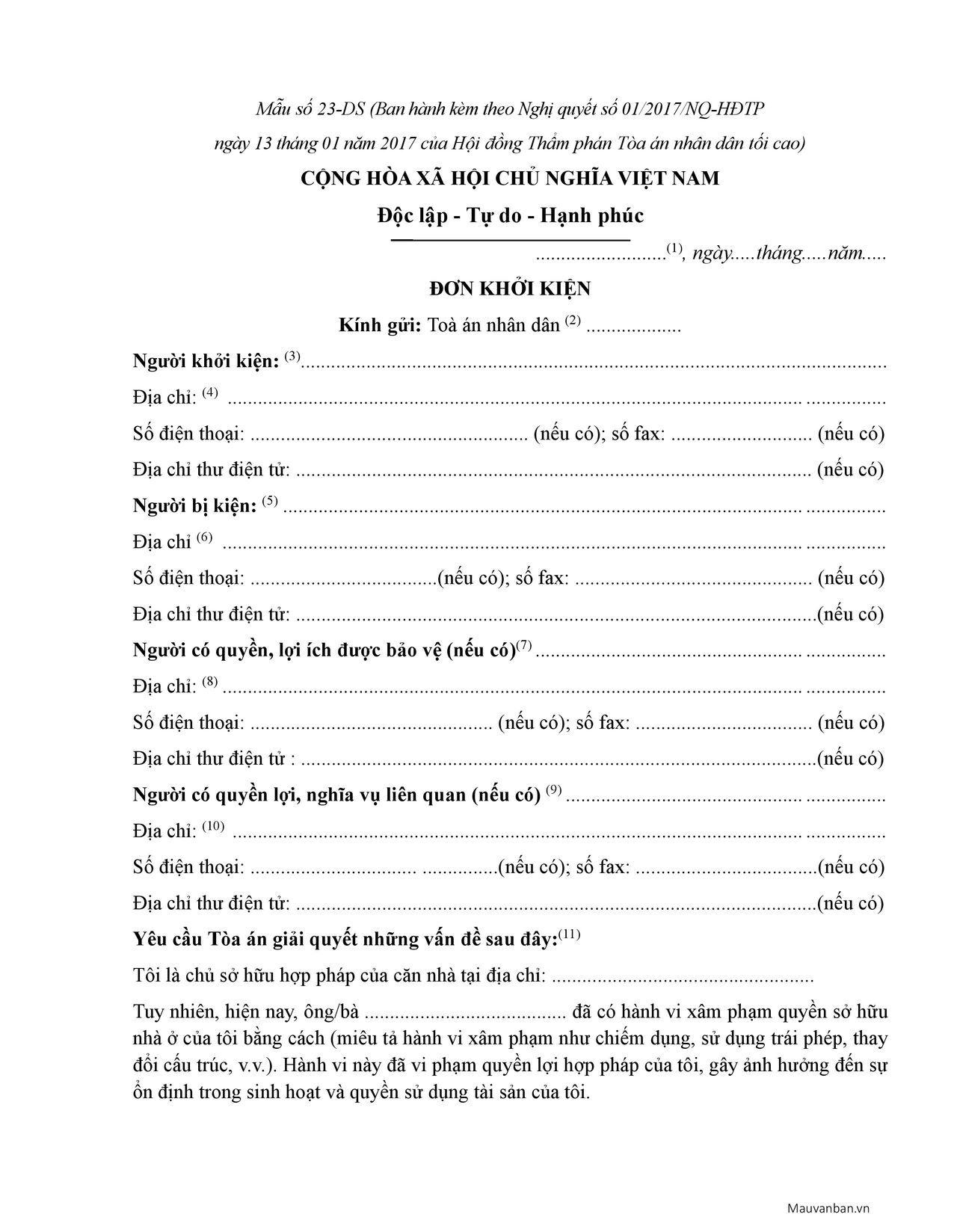 Đơn khởi kiện yêu cầu xác định quyền sở hữu nhà ở khi bị xâm phạm bất ...