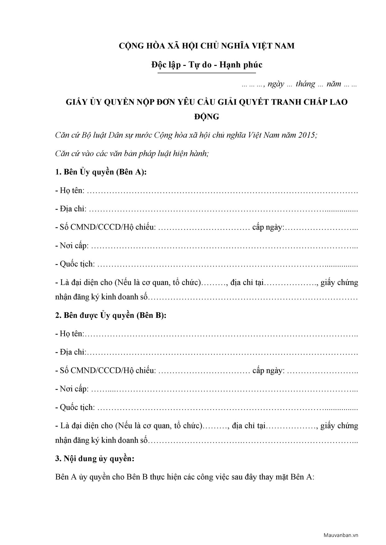 Giấy ủy quyền nộp đơn yêu cầu giải quyết tranh chấp lao động - Pháp ...