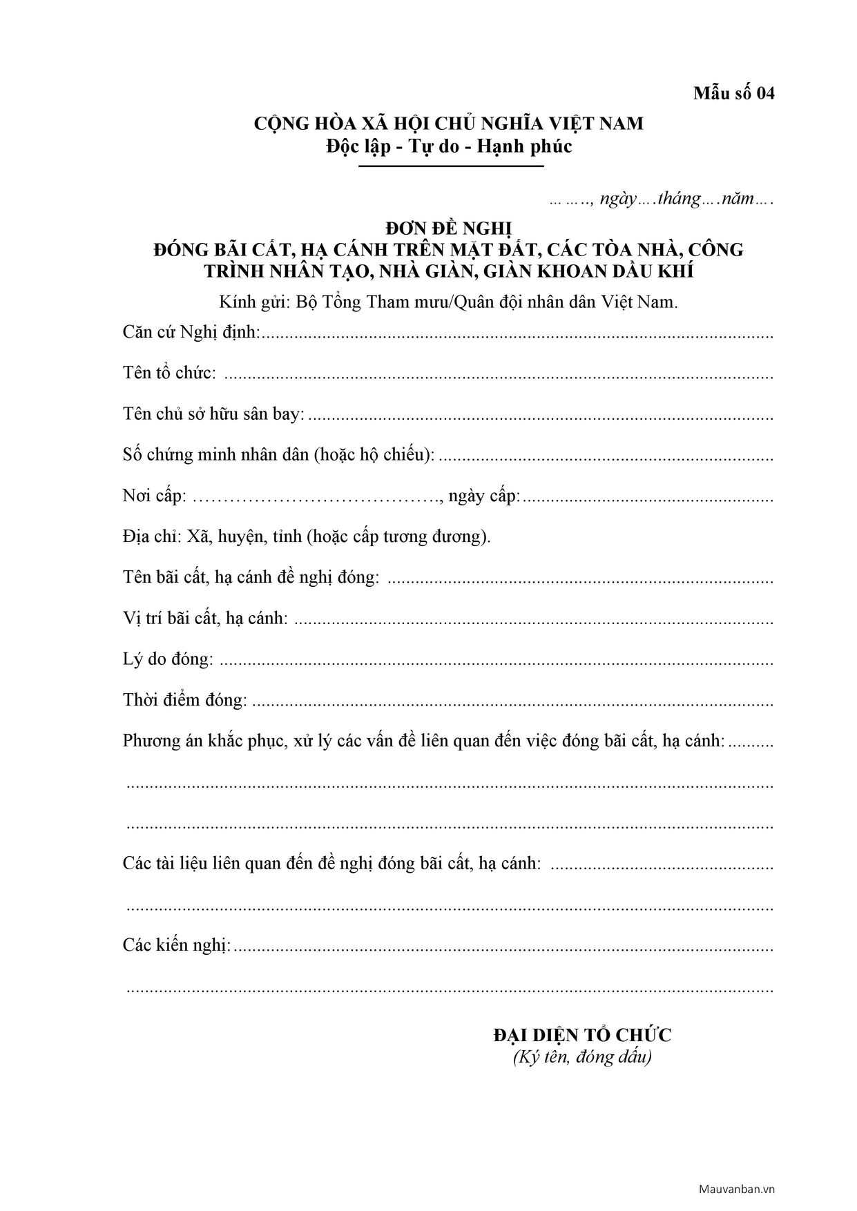 Đơn đề nghị đóng bãi cất, hạ cánh trên mặt đất, các tòa nhà, công trình ...
