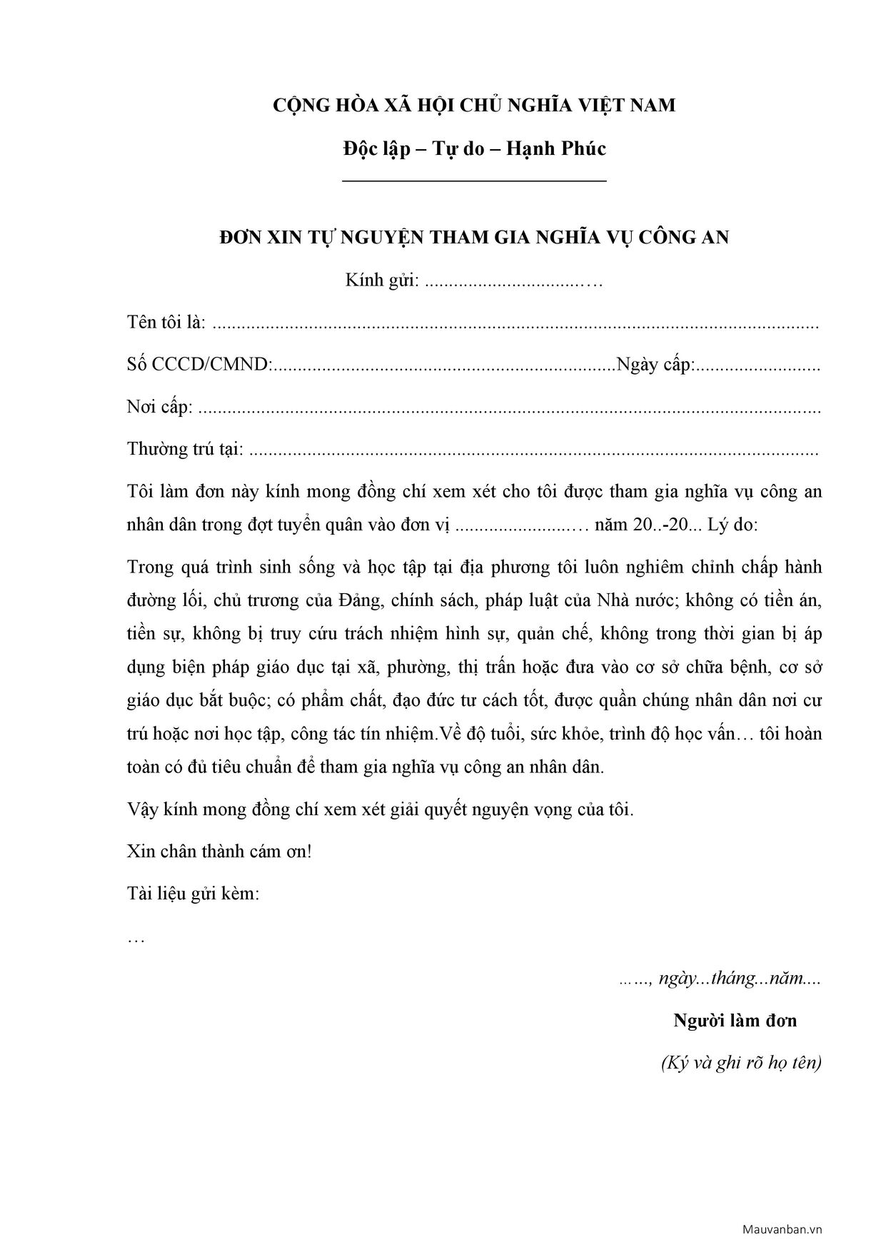 Mẫu đơn tự nguyện phục vụ lâu dài trong cand - An ninh & Quốc phòng ...
