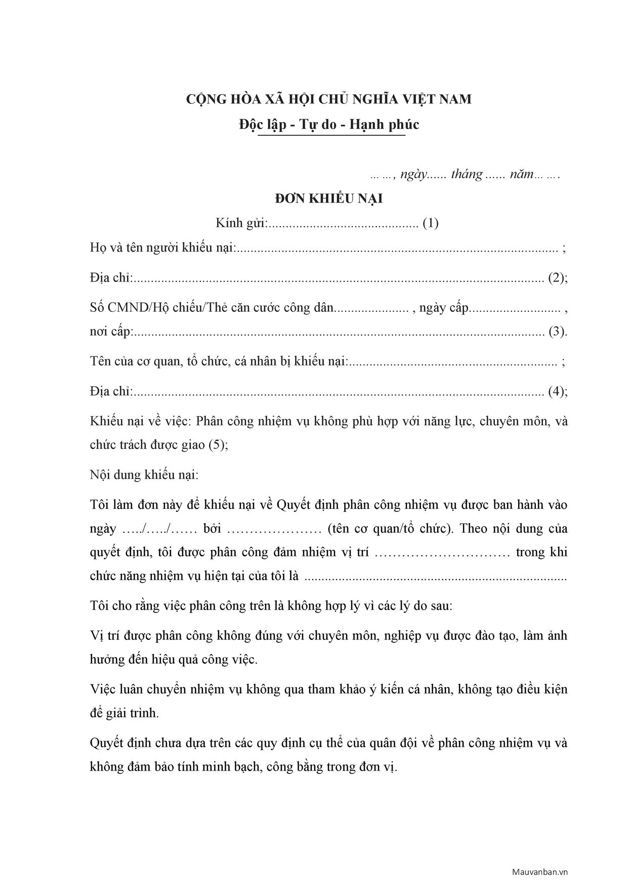 Đơn khiếu nại về quyết định phân công nhiệm vụ không hợp lý cho cán bộ quân đội - An ninh & Quốc ...