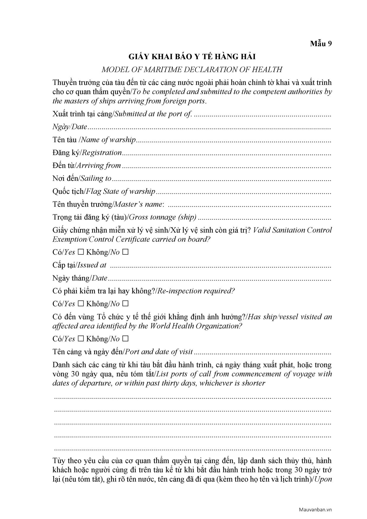 Model of maritime declaration of health - An ninh & Quốc phòng - Mẫu ...