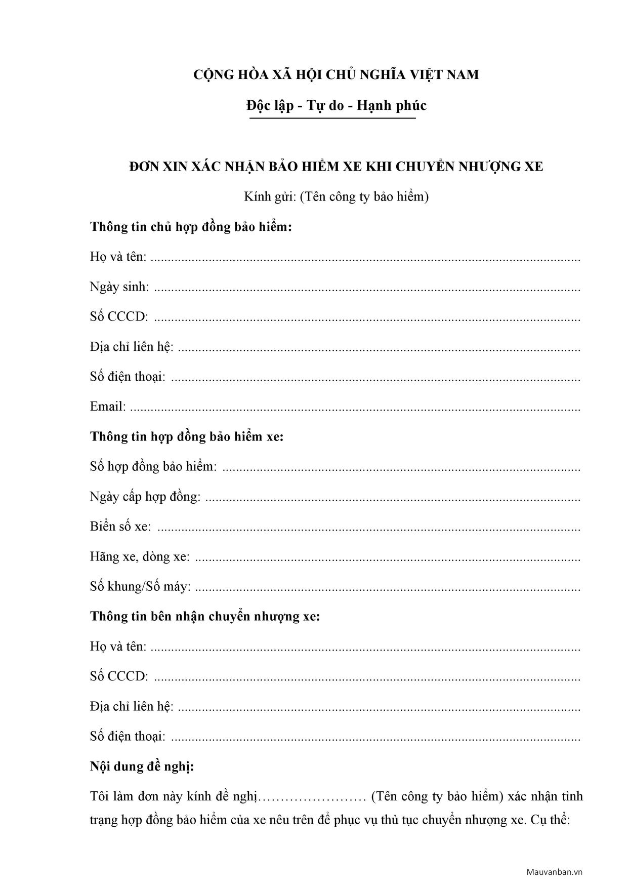 Đơn xin xác nhận bảo hiểm xe khi chuyển nhượng xe - Bảo hiểm & Xã hội - Mẫu Văn Bản