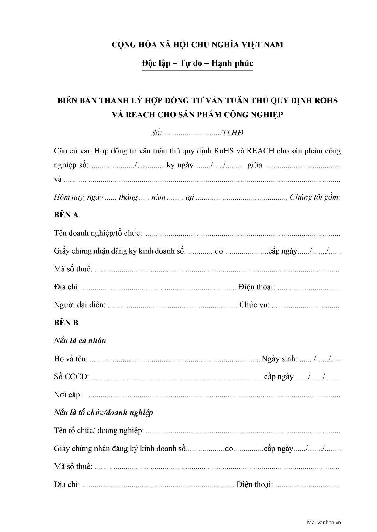 Biên bản thanh lý hợp đồng tư vấn tuân thủ quy định RoHS và REACH cho ...