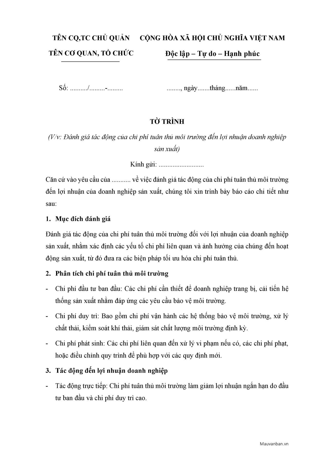 Tờ trình về đánh giá tác động của chi phí tuân thủ môi trường đến lợi ...