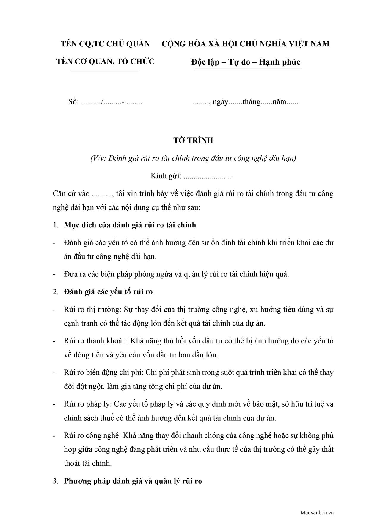 Tờ trình về đánh giá rủi ro tài chính trong đầu tư công nghệ dài hạn ...
