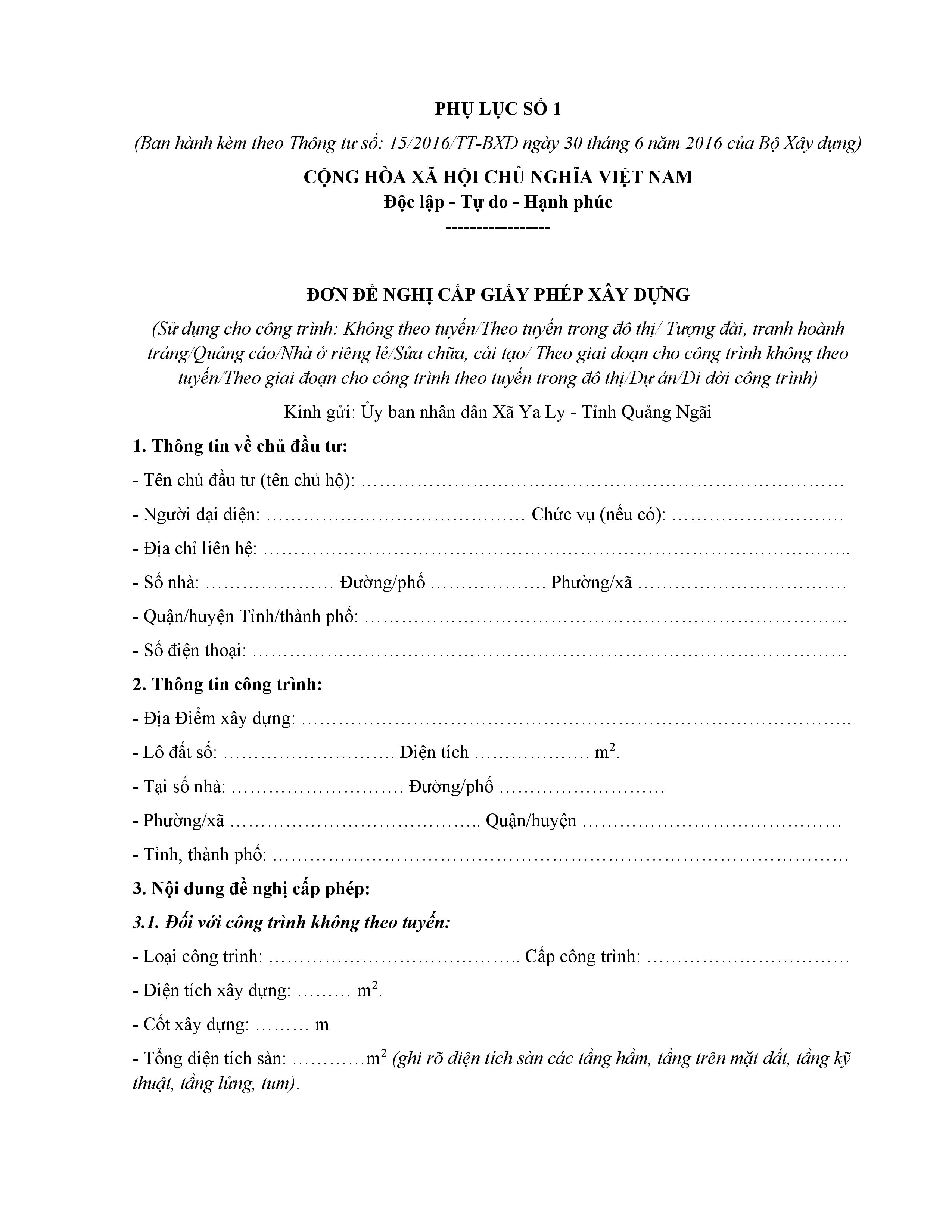 Đơn đề nghị cấp giấy phép xây dựng – Ủy ban nhân dân Xã Ya Ly – Tỉnh Quảng Ngãi - Đất đai & Xây ...