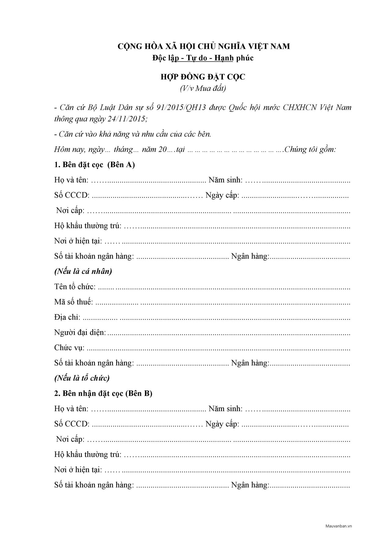 Biên bản thỏa thuận đặt cọc mua đất - Đất đai & Xây dựng - Mẫu Văn Bản