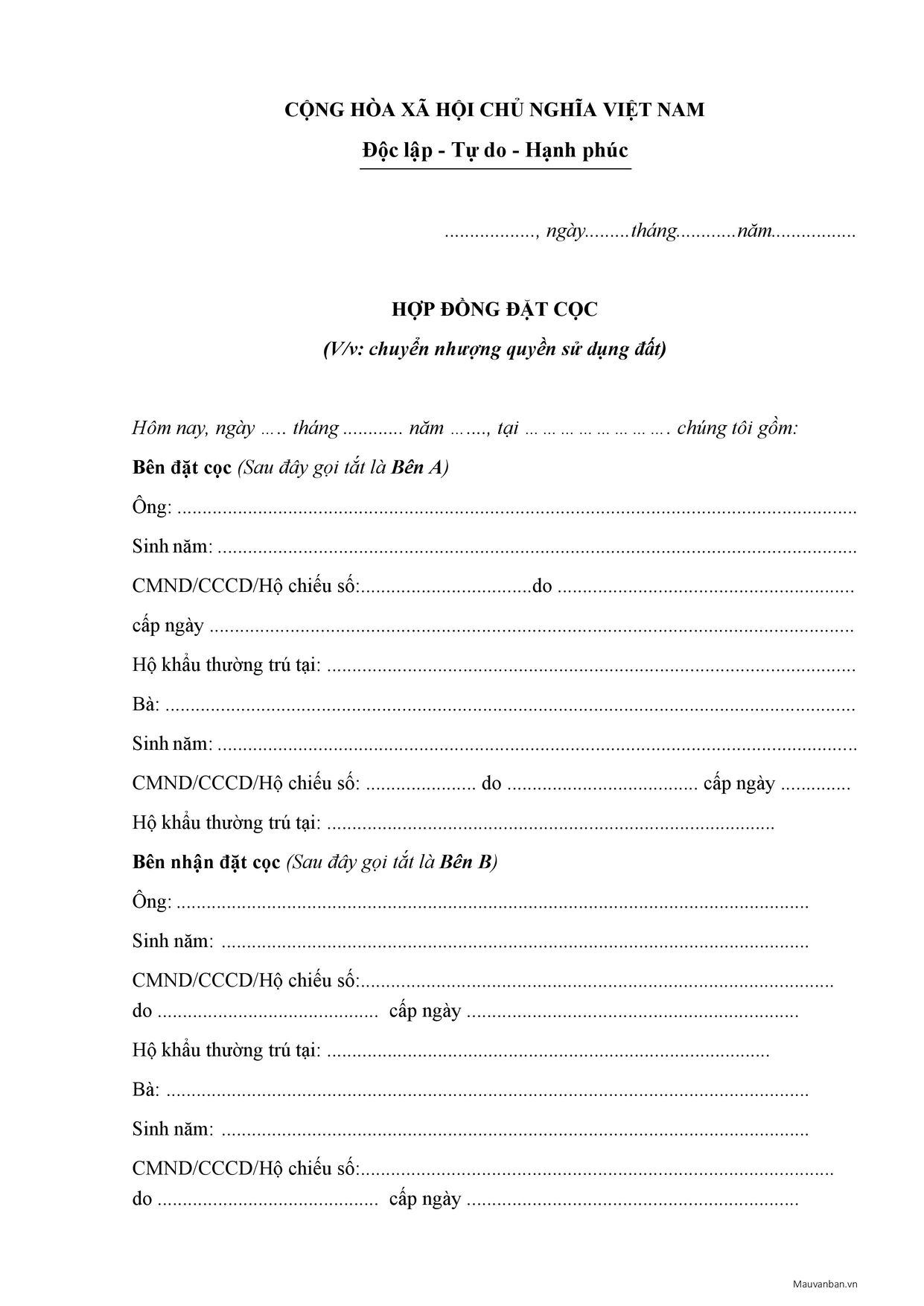 Mẫu giấy đặt cọc mua đất - Đất đai & Xây dựng - Mẫu Văn Bản