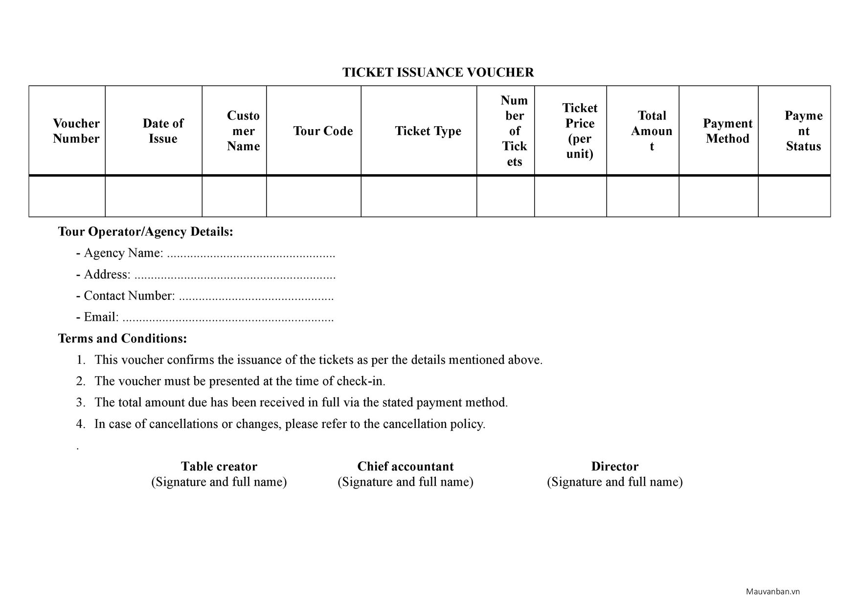 Ticket Issuance Voucher - Du lịch & Lữ hành - Mẫu Văn Bản