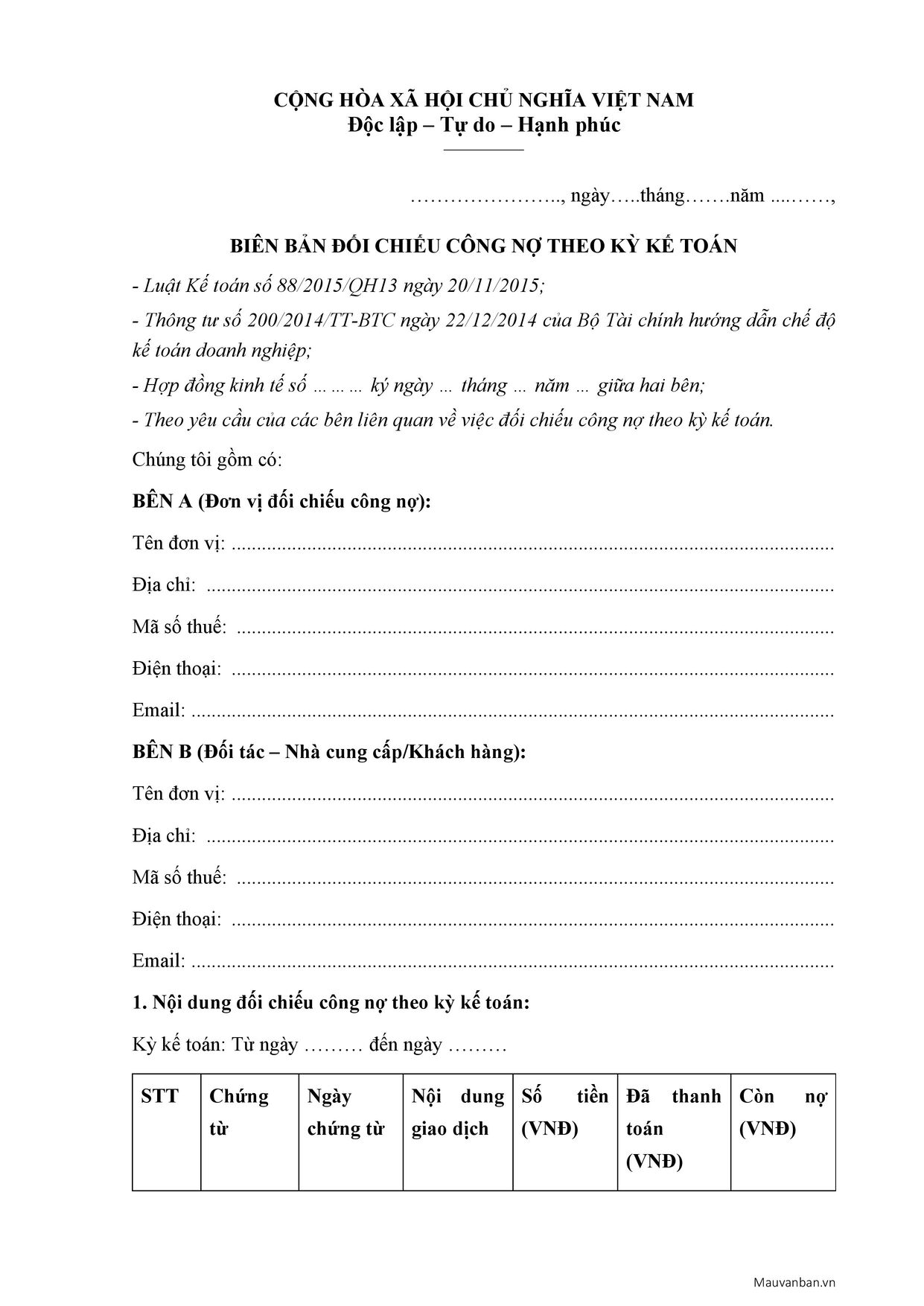 Biên bản đối chiếu công nợ theo kỳ kế toán - Kế toán & Kiểm toán - Mẫu ...