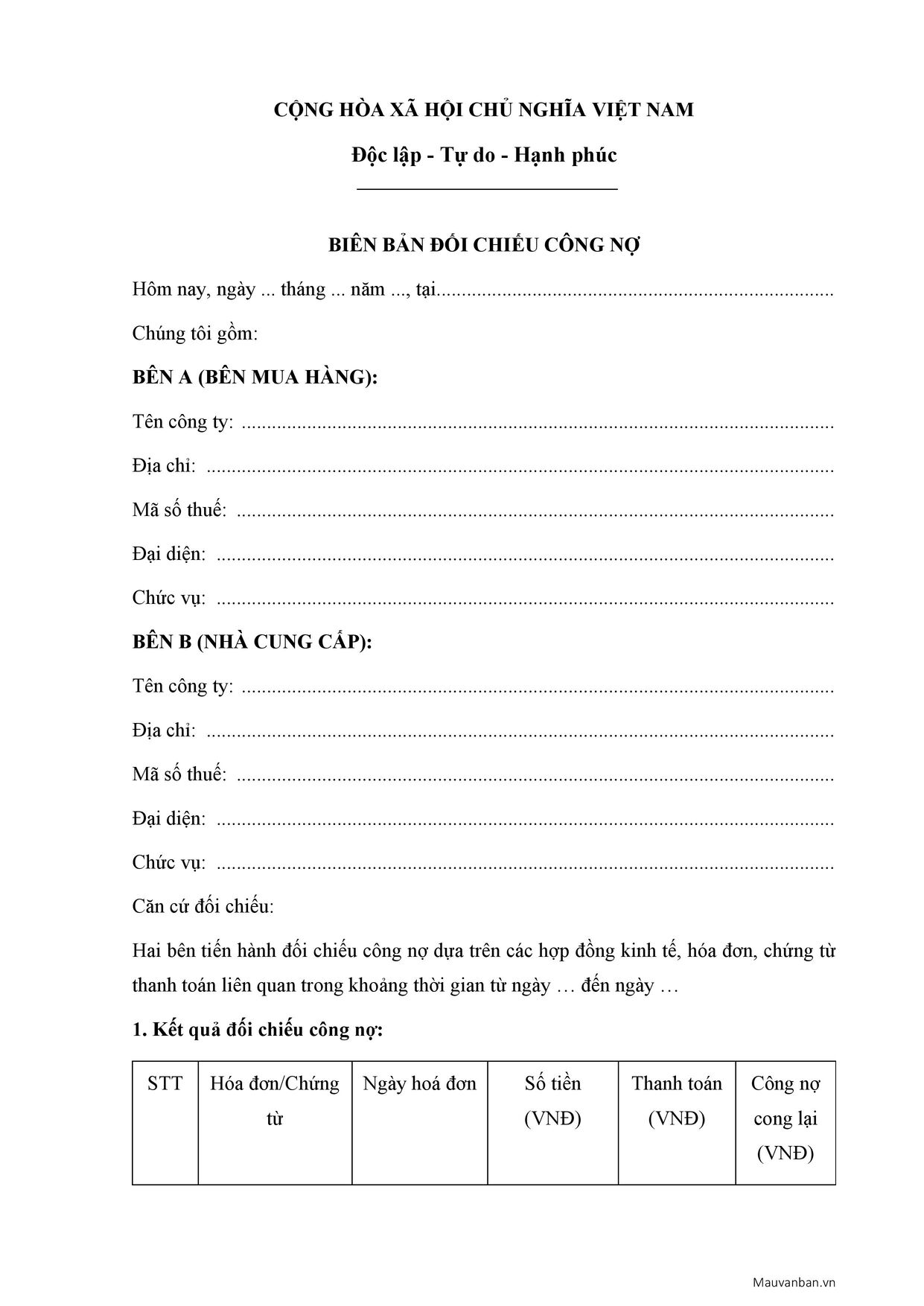 Biên bản đối chiếu công nợ với nhà cung cấp - Kế toán & Kiểm toán - Mẫu ...