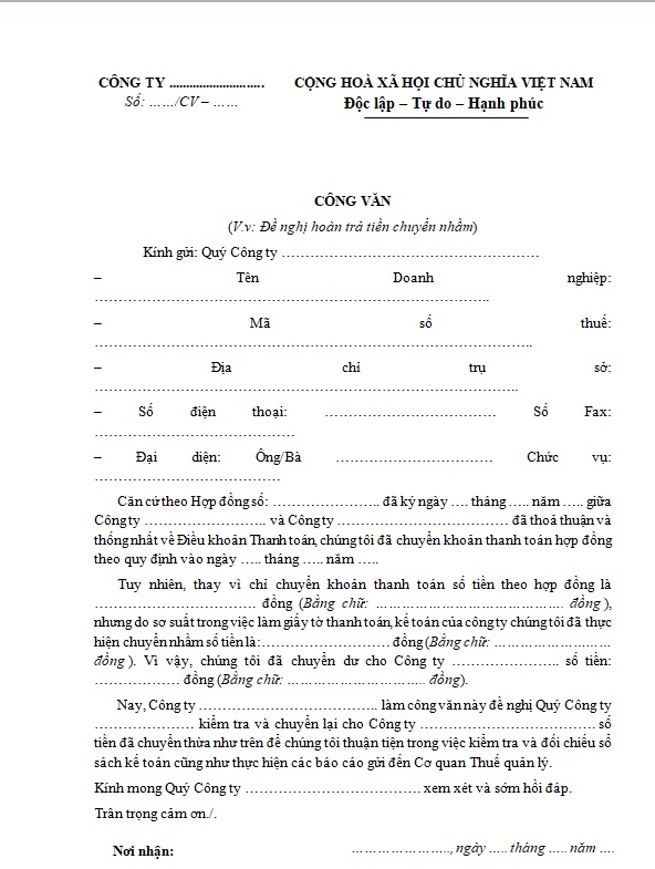 Mẫu công văn xin hoàn tiền chuyển nhầm - Kế toán & Kiểm toán - Mẫu Văn Bản