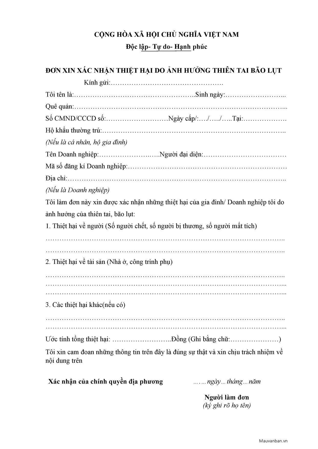 Mẫu đơn xin xác nhận thiệt hại do ảnh hưởng thiên tai bão lụt - Môi ...