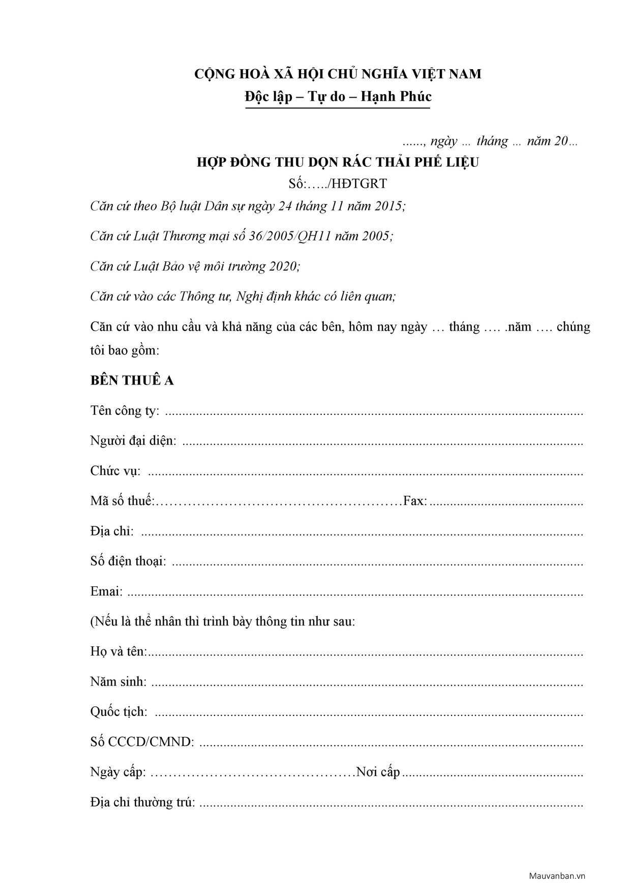 Mẫu hợp đồng thu dọn rác thải phế liệu - Môi trường & Thiên tai - Mẫu ...